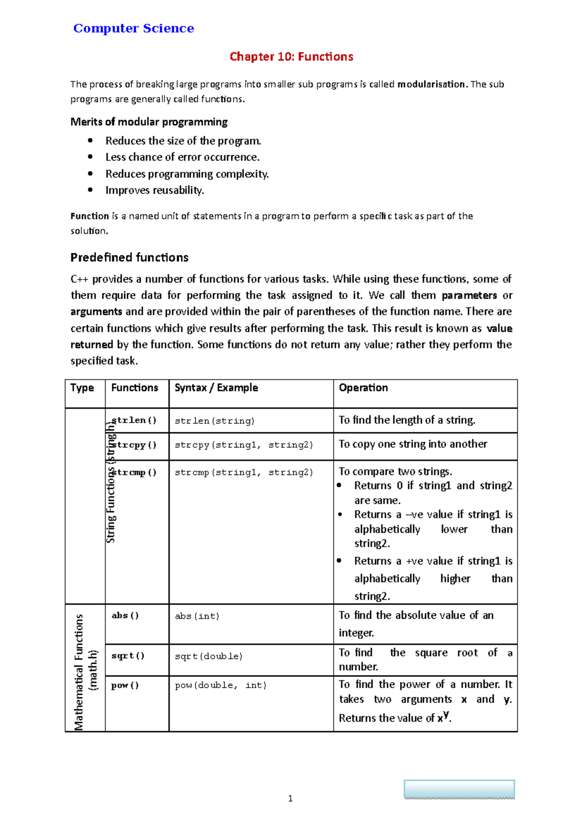 Plus One Computer Science Chapter 10 Computer Science Joy Johns Cs 1 Chapter 10 Functions
