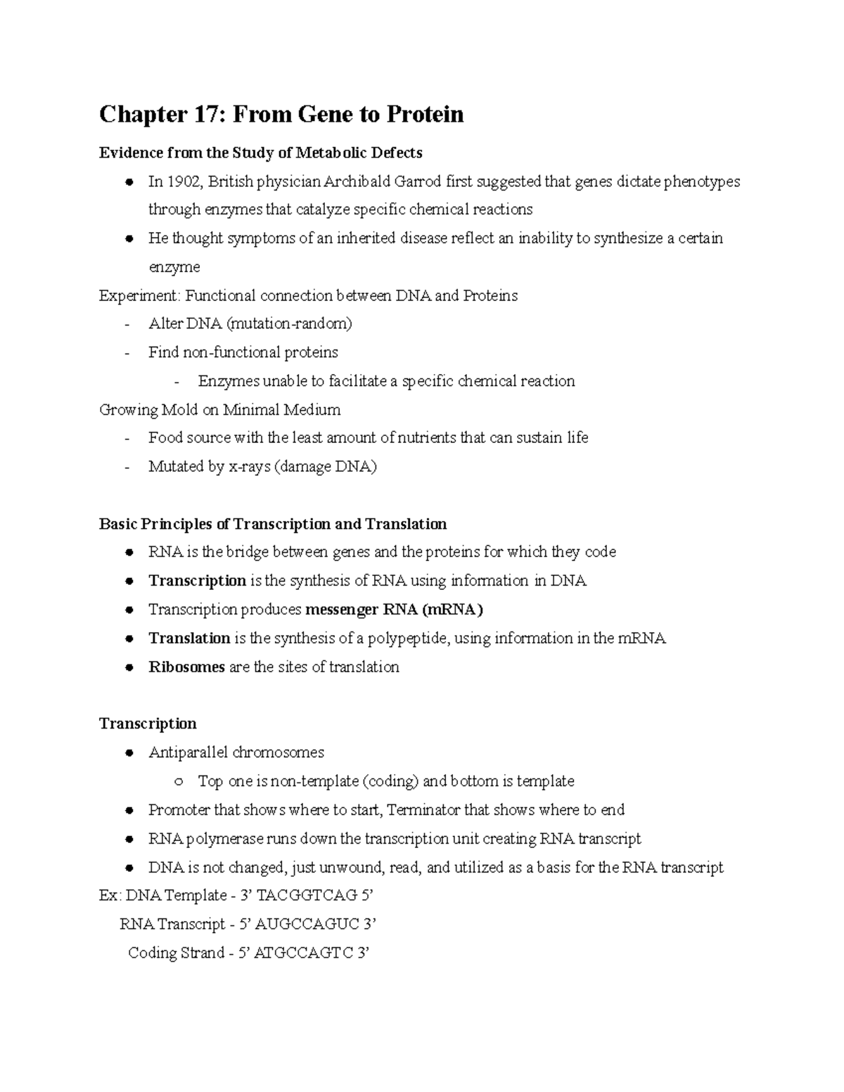 BSC2010 Final Exam New Content - Chapter 17: From Gene to Protein ...