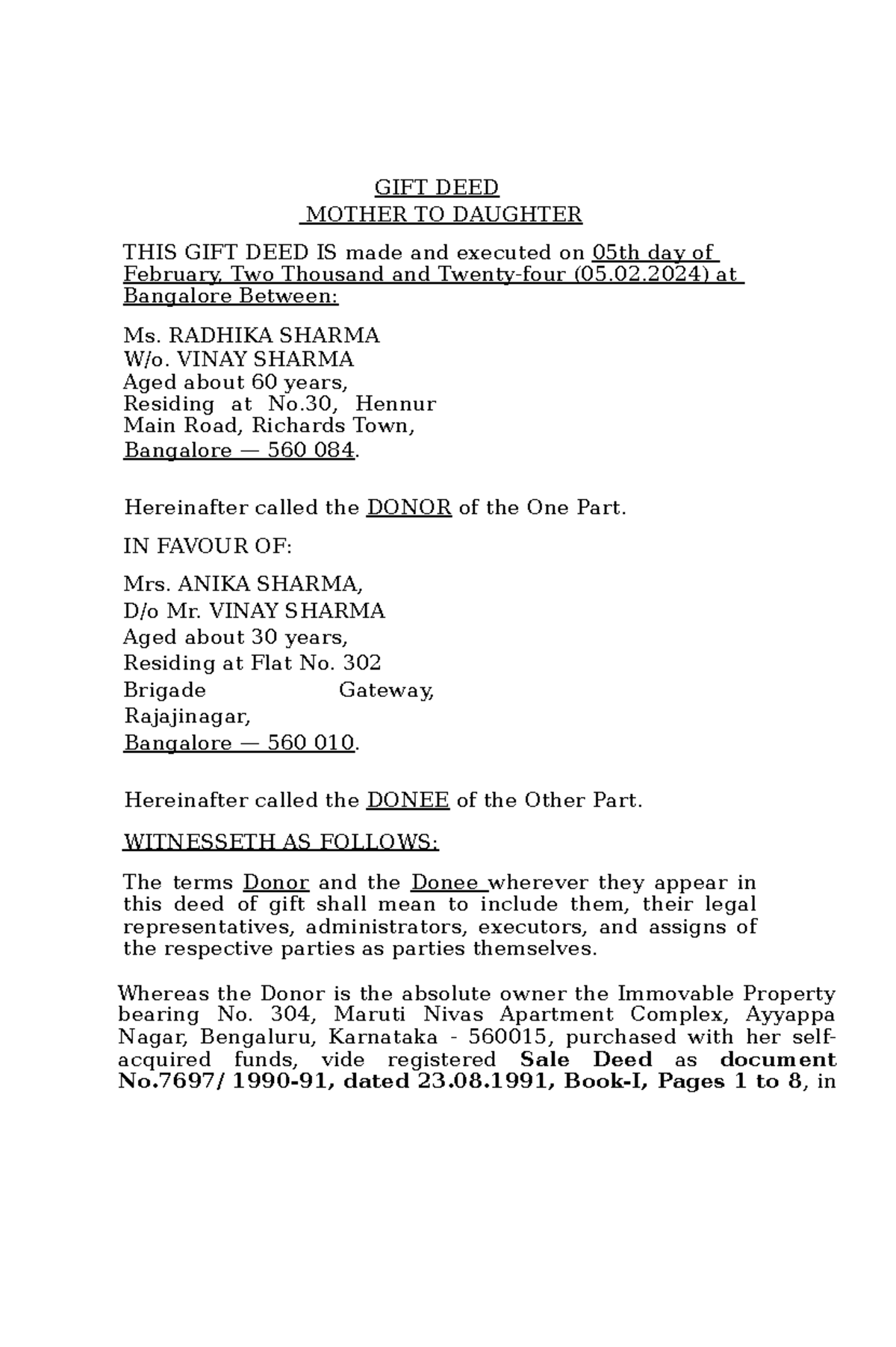 Gift Deed - class notes - GIFT DEED MOTHER TO DAUGHTER THIS GIFT DEED ...