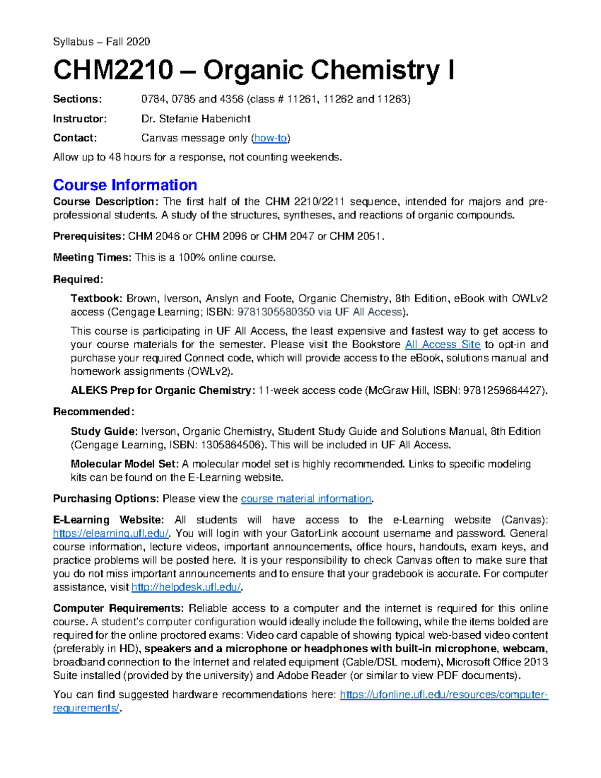 CHM2210 Organic Chemistry 1 Habenicht - Warning: TT: undefined function: 32 Syllabus – Fall 2020 ...