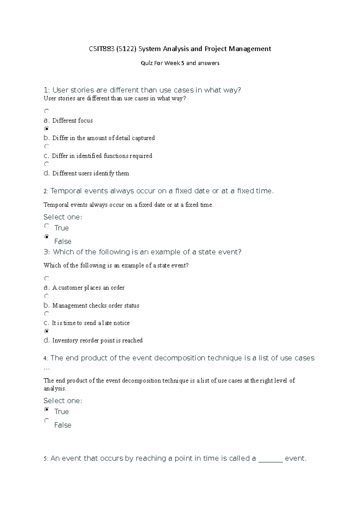 CSIT883 (S122) System Analysis and Project Management Quiz Week 5 - TBS 935 - UOW - Studocu