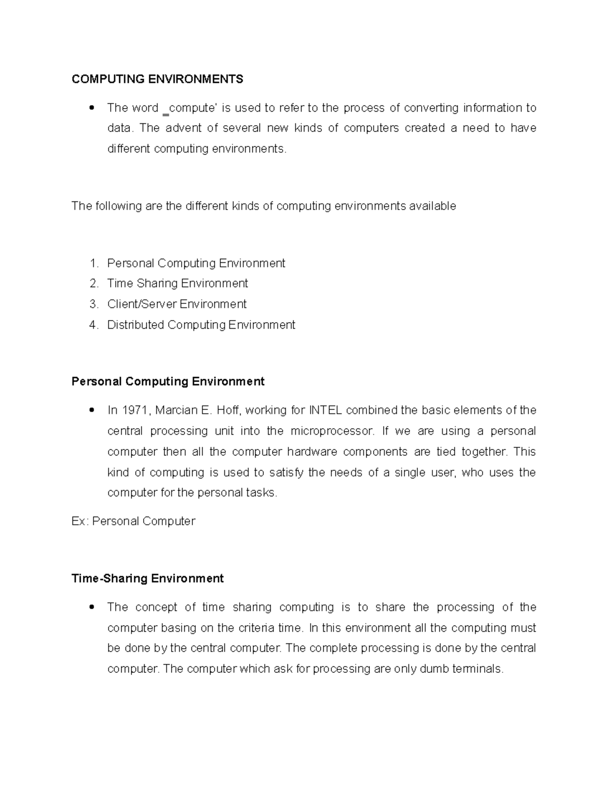 Computing Environments - COMPUTING ENVIRONMENTS The word ̳compute‘ is ...