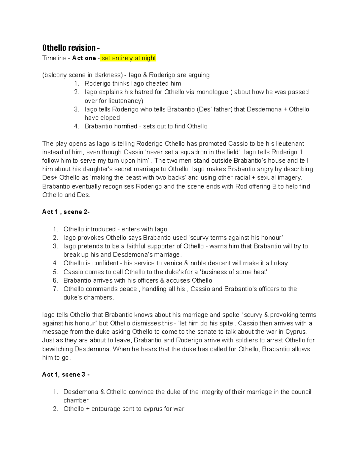 Othello revision - doc - Othello revision - Timeline - Act one - set ...