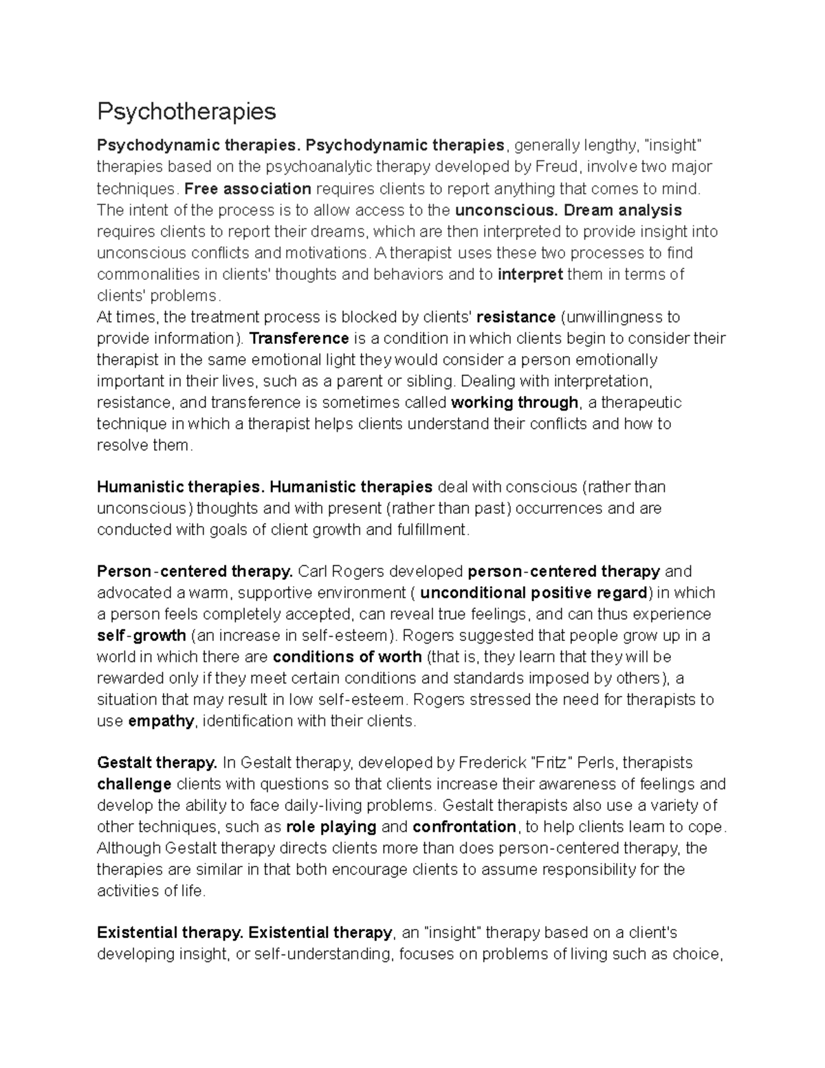 Psychotherapies - Lecture notes 8 - Psychotherapies Psychodynamic ...