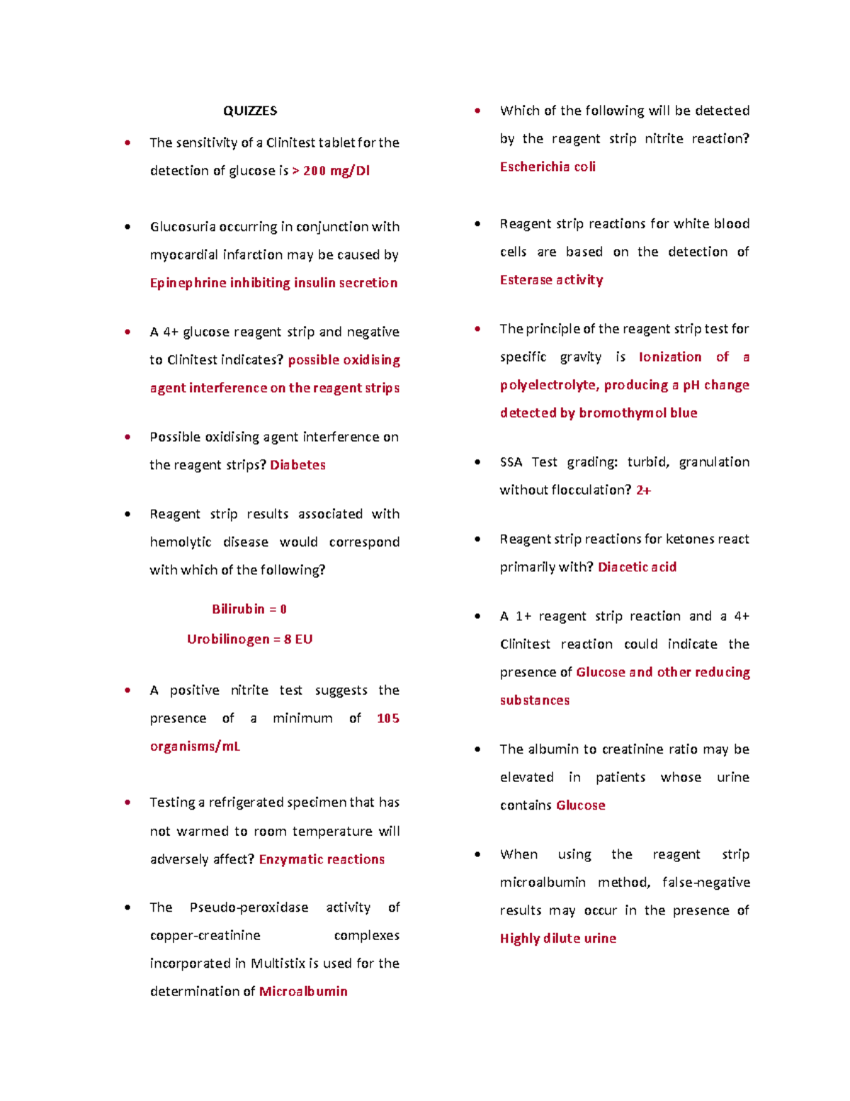 AUBF LAB - Midterm Quizzes - QUIZZES The sensitivity of a Clinitest ...