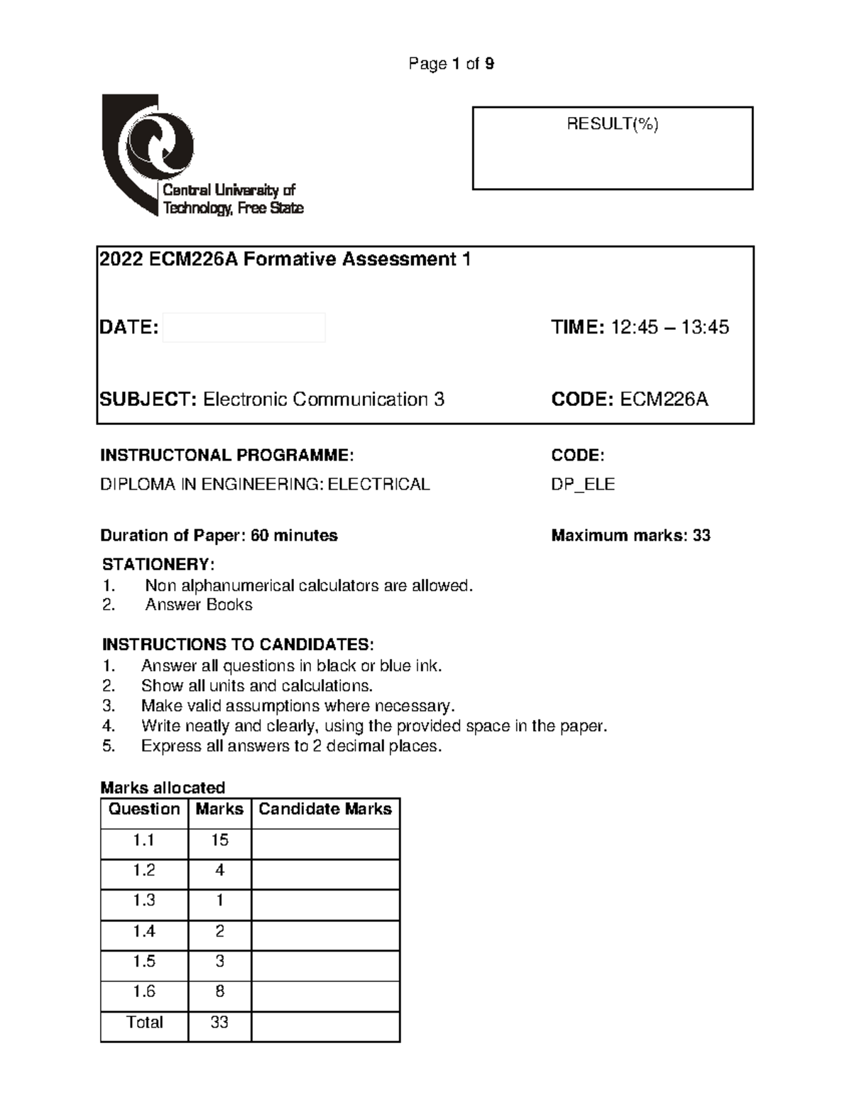 2022 ECM226A Formative Assessment 1 - Answer Books INSTRUCTIONS TO ...