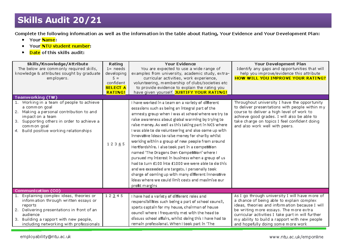 skills Audit temp - Complete the following information as well as the ...