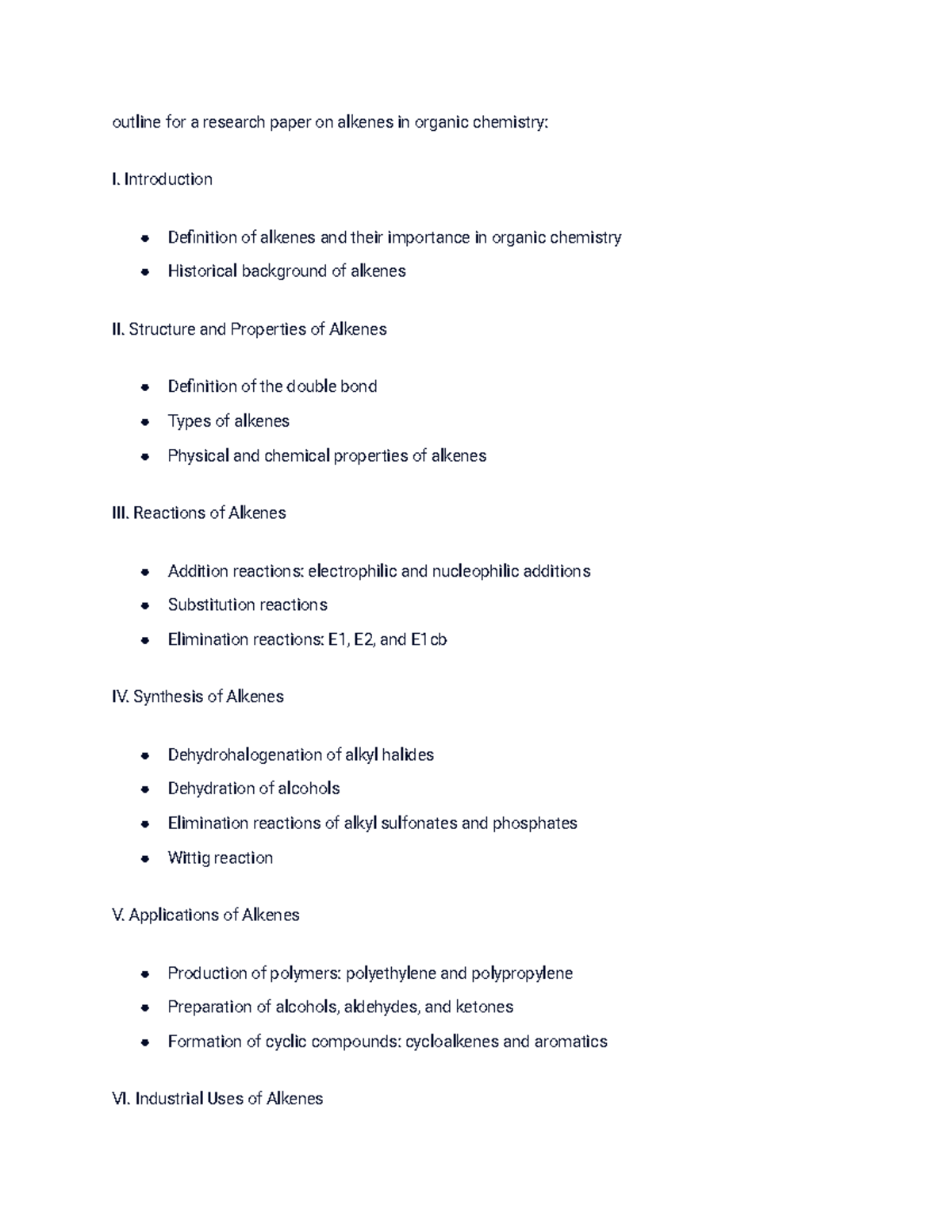Outline - outline for a research paper on alkenes in organic chemistry ...
