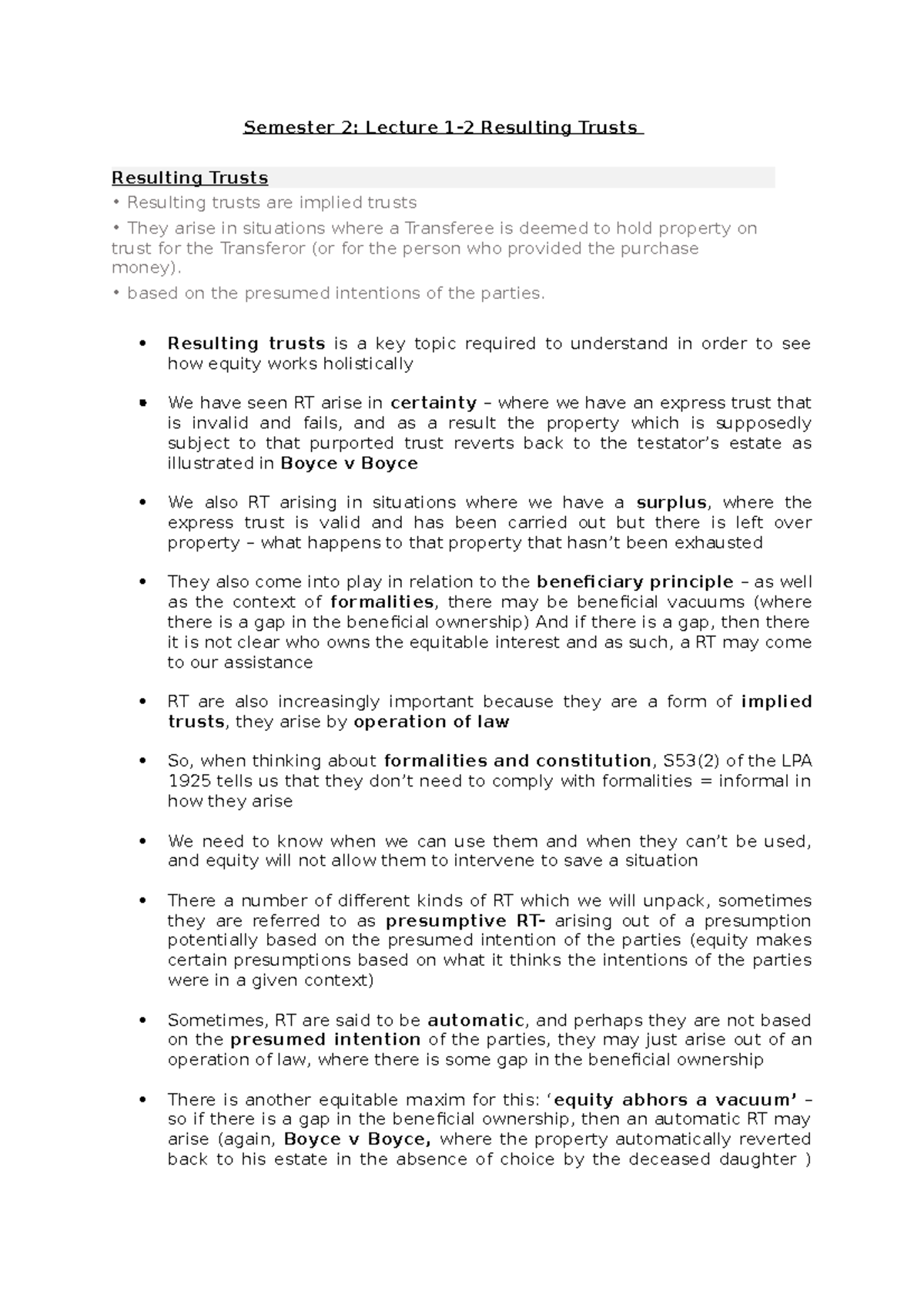 Lecture 17 - Resulting Trusts - Semester 2: Lecture 1-2 Resulting ...
