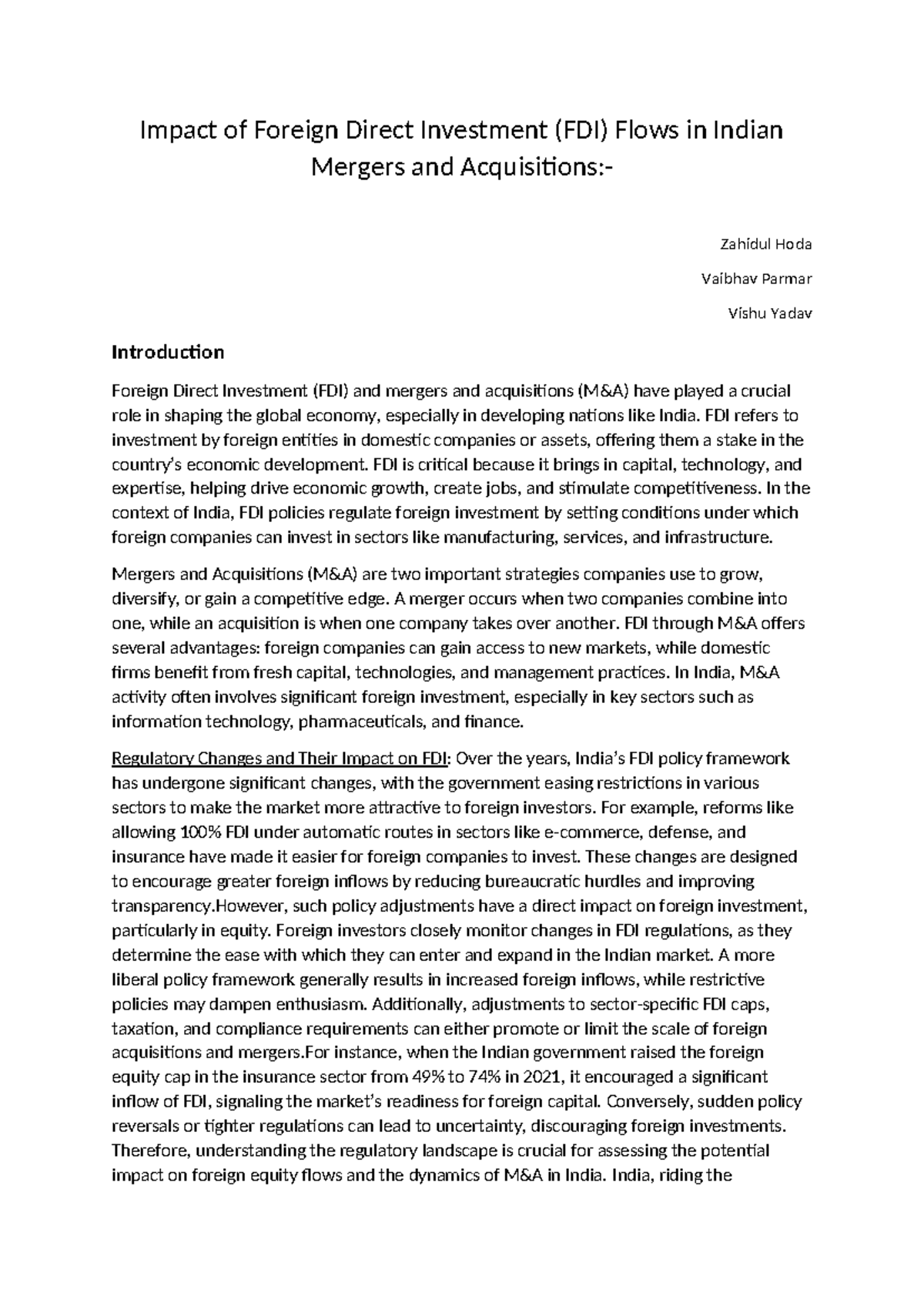 CR Research paper draft - Impact of Foreign Direct Investment (FDI ...