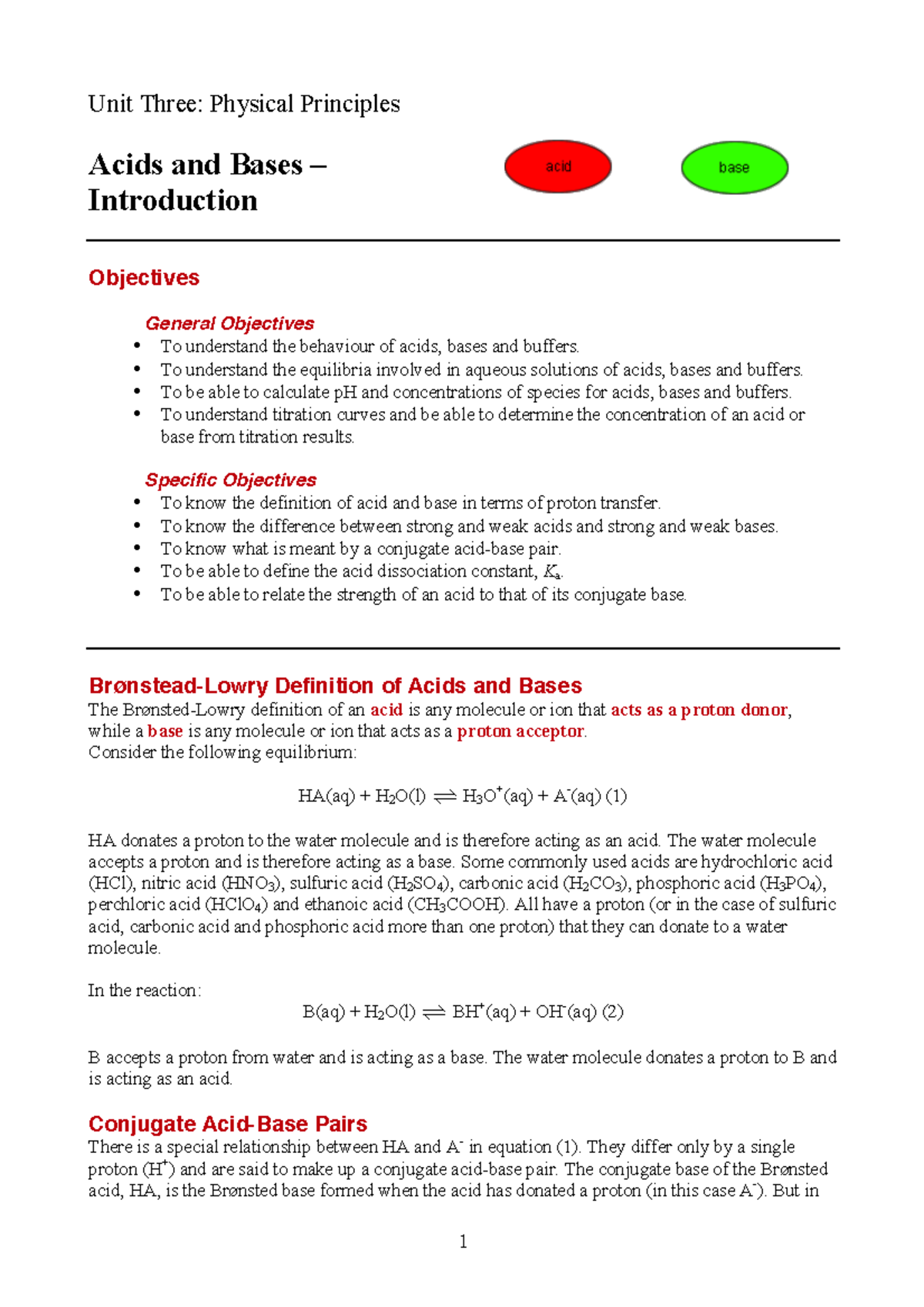 U3P3 Acid Bases Intro - Lecture notes 2 - Unit Three: Physical ...