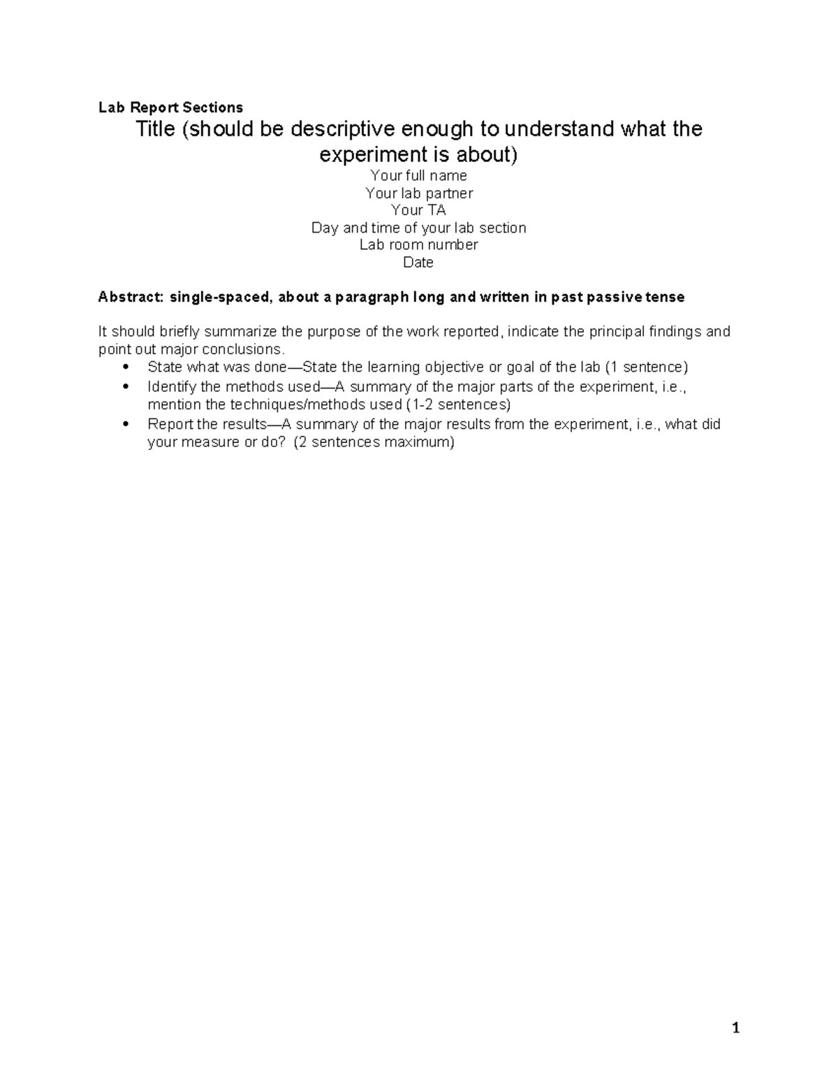 Guidance for Written Lab Reports - Lab Report Sections Title (should be ...