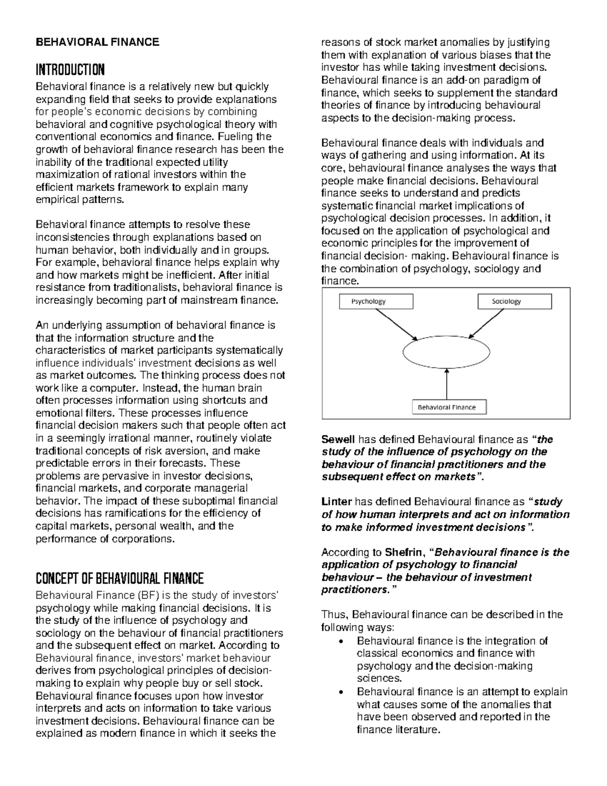 Behavioral Finance notes - BEHAVIORAL FINANCE INTRODUCTION Behavioral ...