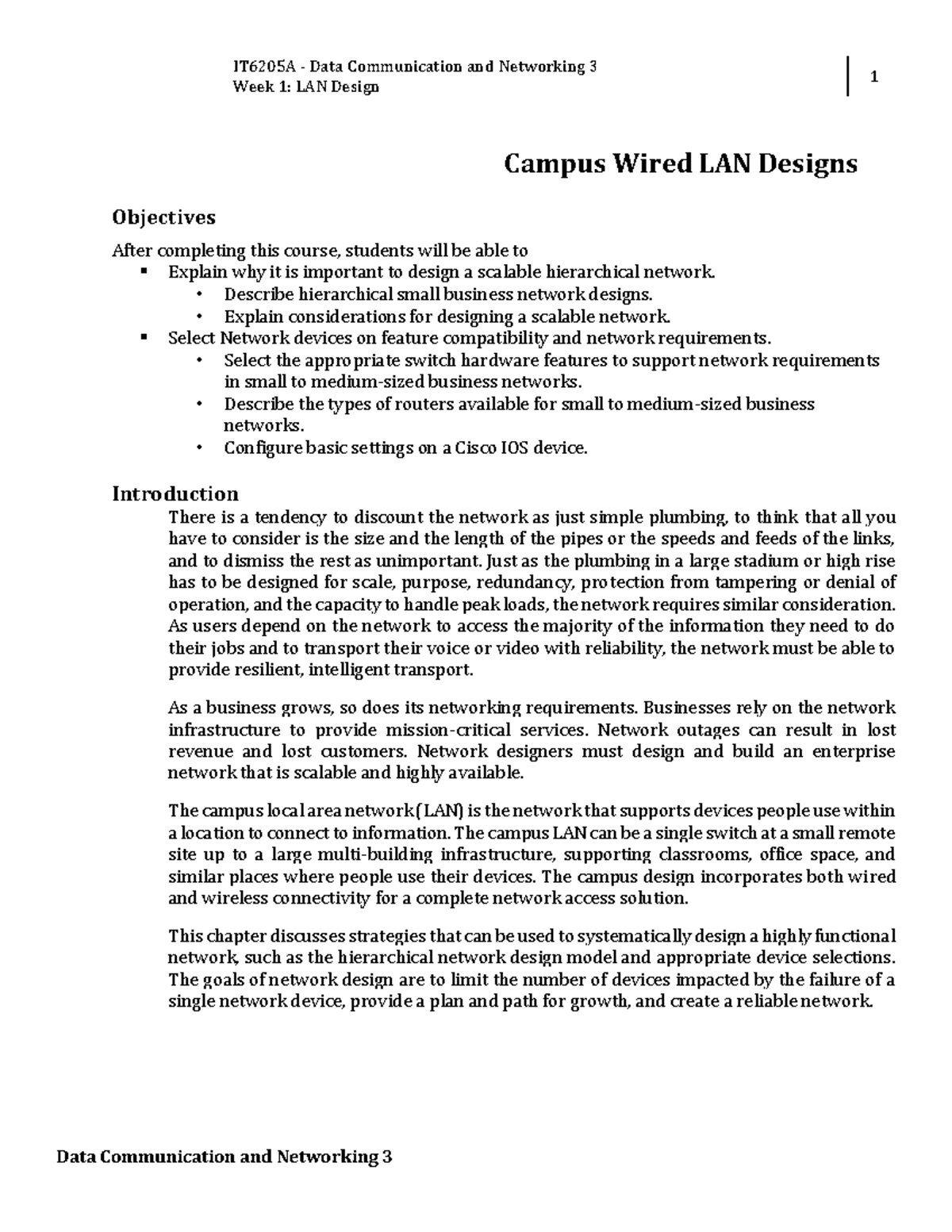 Week 1 - LAN Design Module - Week 1: LAN Design 1 Data Communication and Networking 3 Campus ...