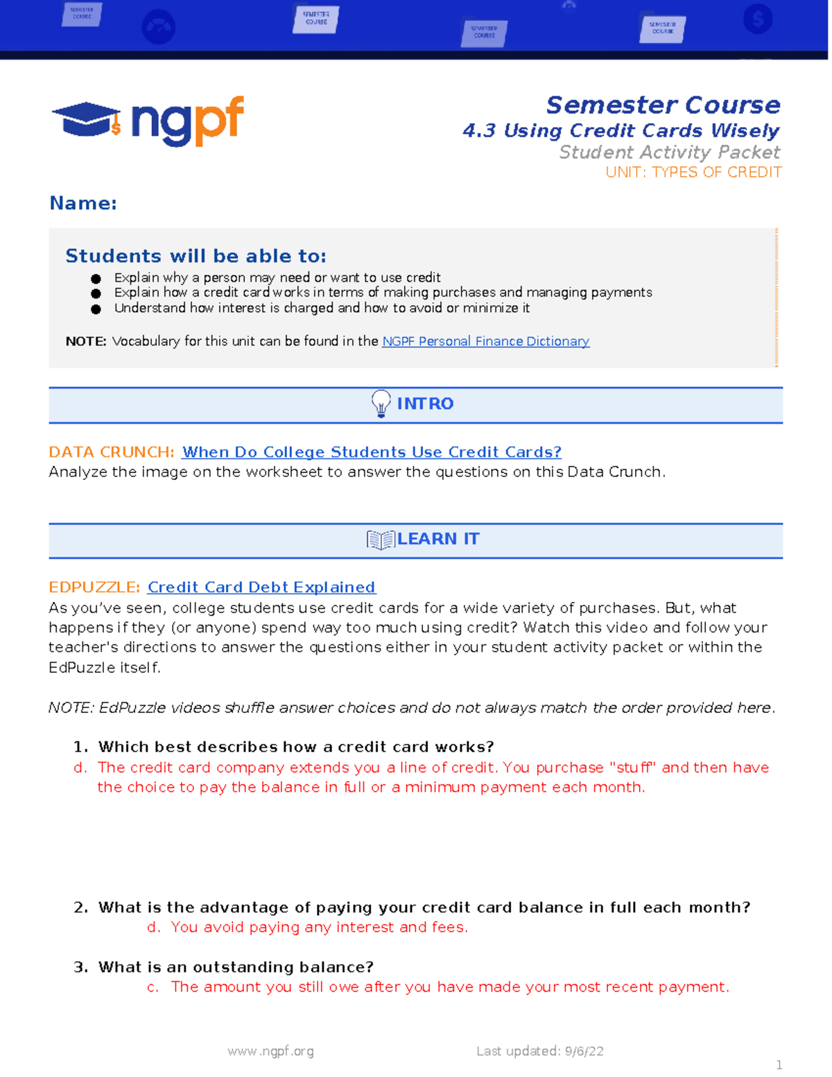 SC-4.3 Using Credit Cards Wisely Packet copy - Semester Course 4 Using ...