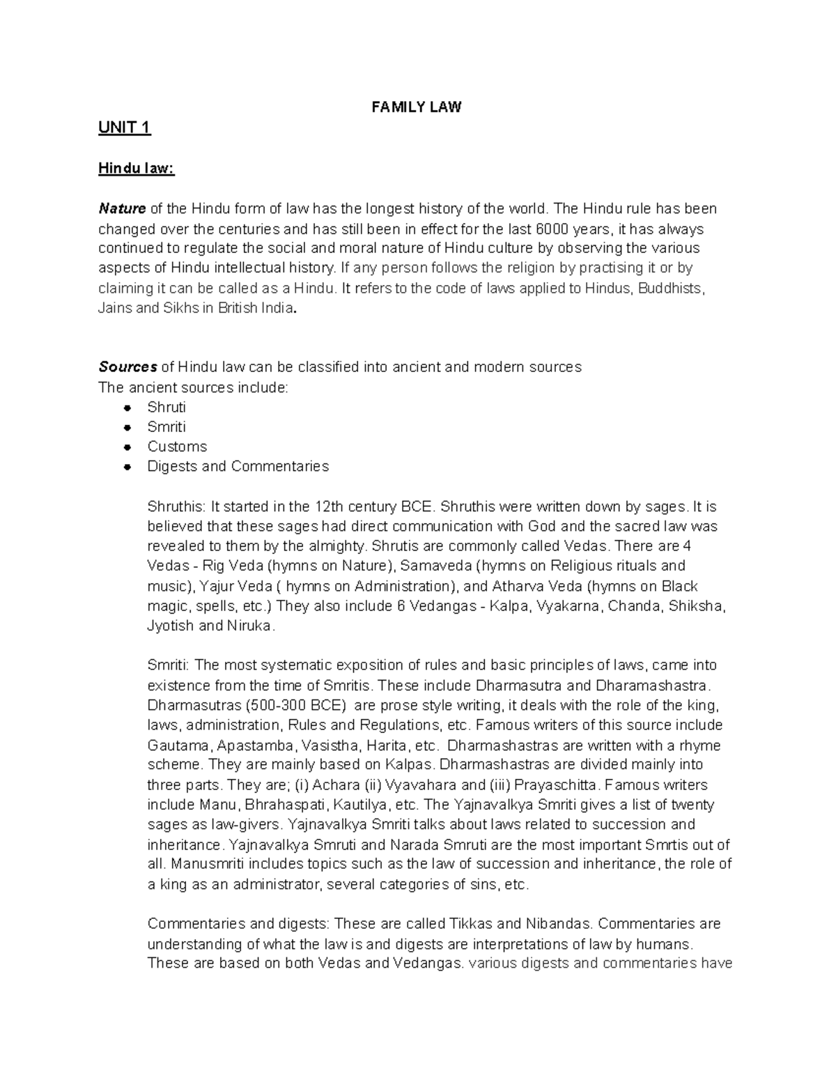 Family Law full notes - FAMILY LAW UNIT 1 Hindu law: Nature of the ...