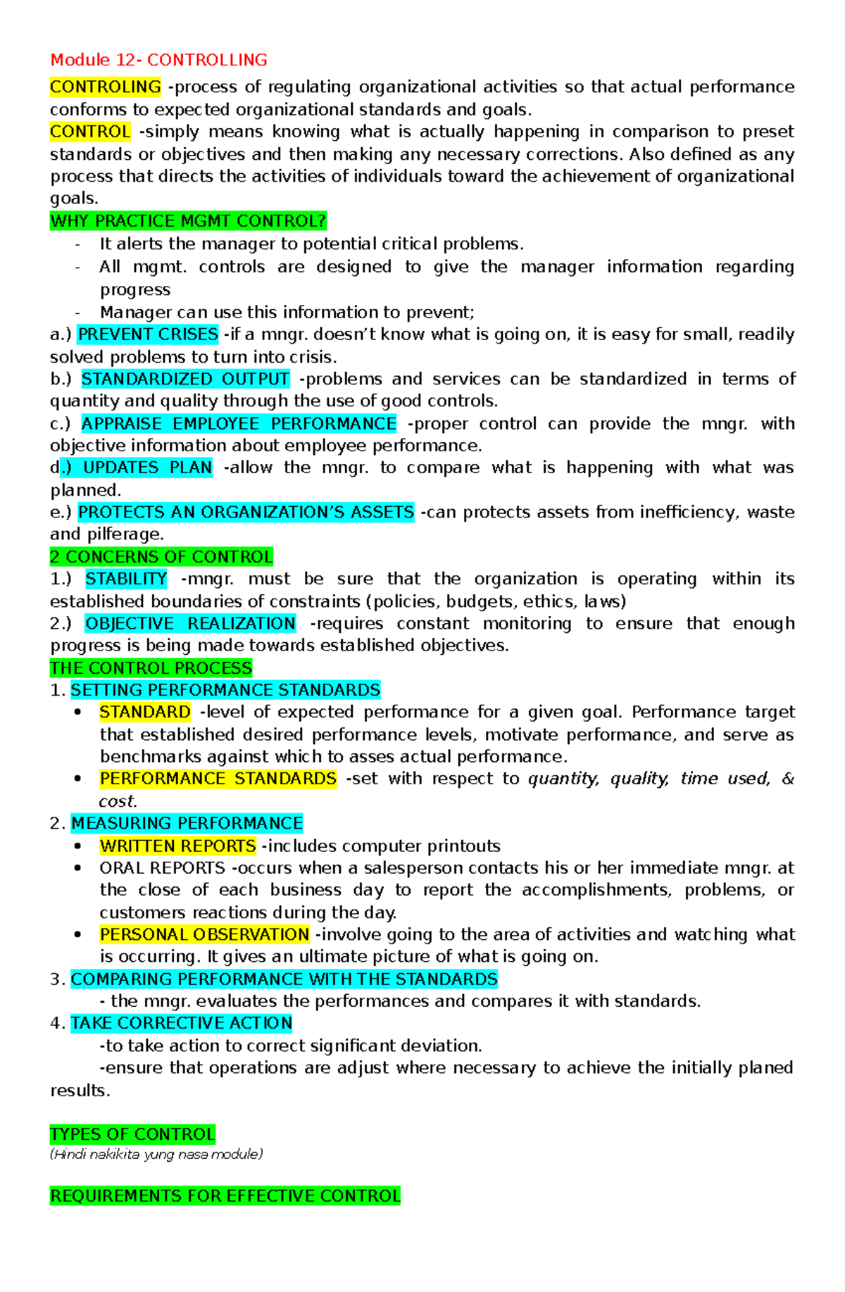 MGMT Reviewer Module-12-13-14 - Module 12- CONTROLLING CONTROLING ...