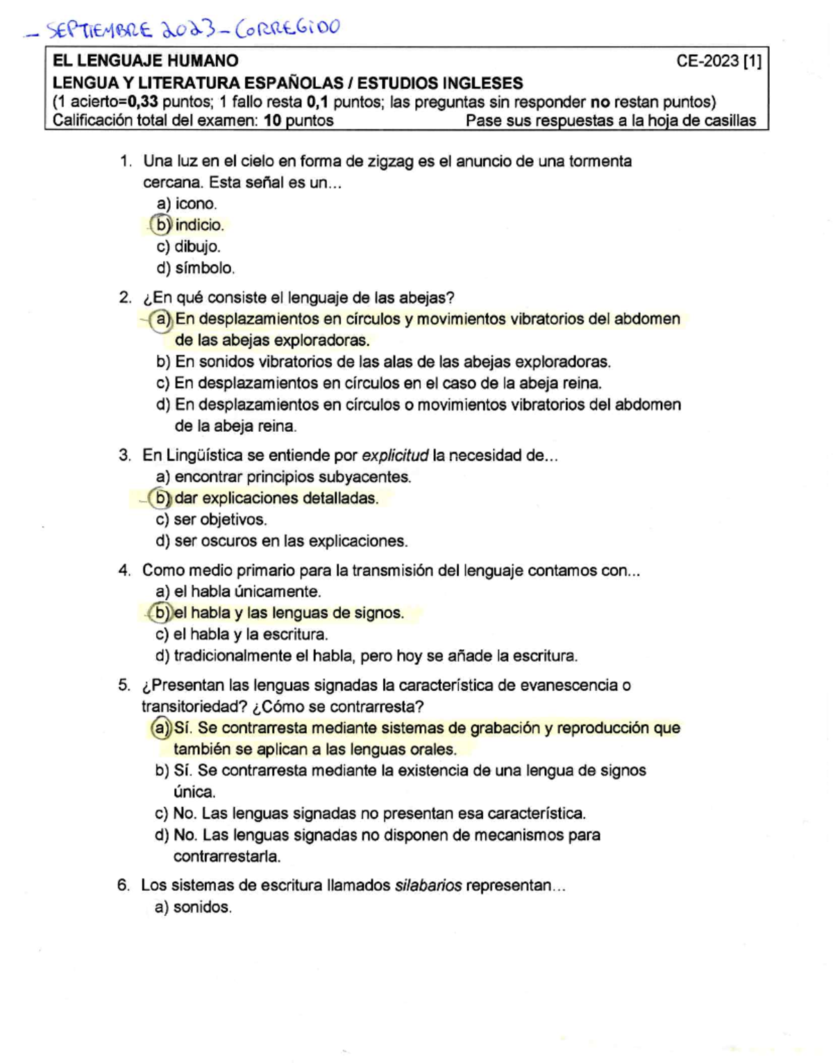Exámen Lenguaje Humano SEP 023 Corregido - El Lenguaje Humano - Studocu