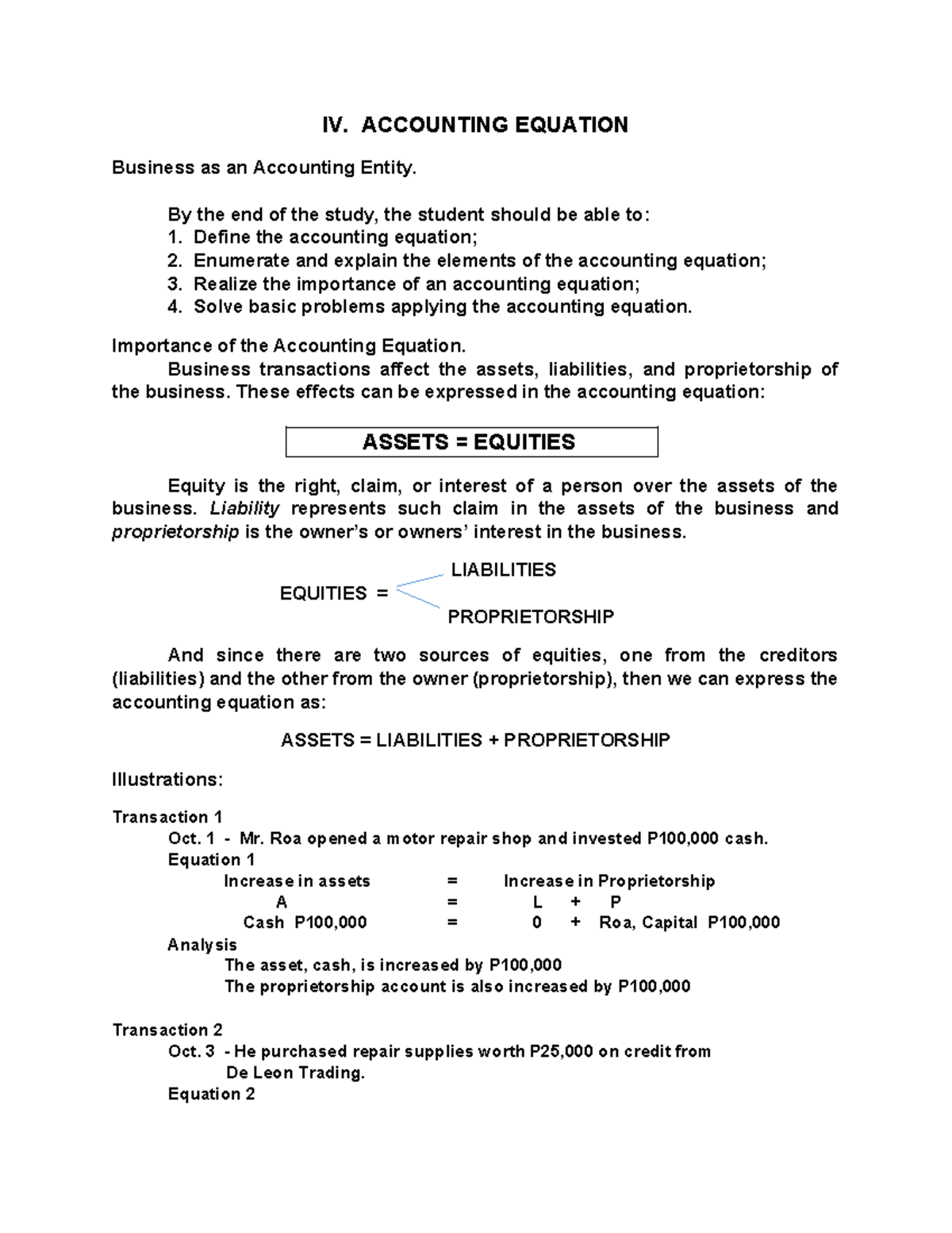 Lecture ABM1 IV Accounting Equation - IV. ACCOUNTING EQUATION Business ...