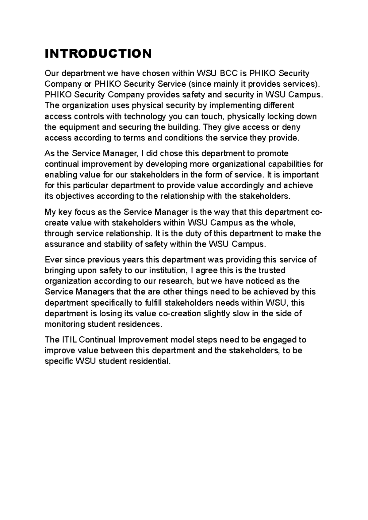 Introduction - INTRODUCTION Our department we have chosen within WSU ...