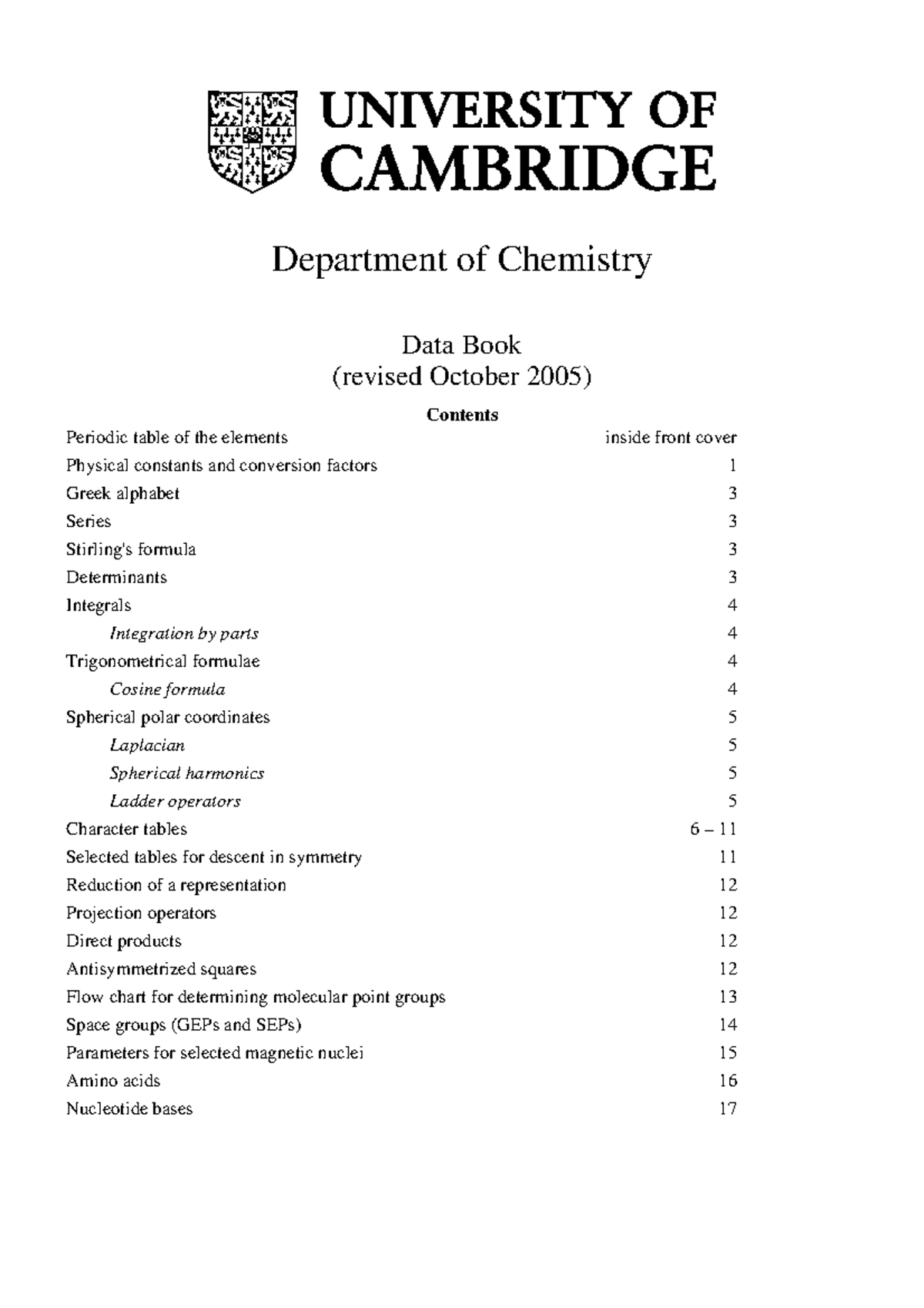 Cambridge University Engrg Chemistry Data Book 2005 - Department of Chemistry Data Book (revised ...