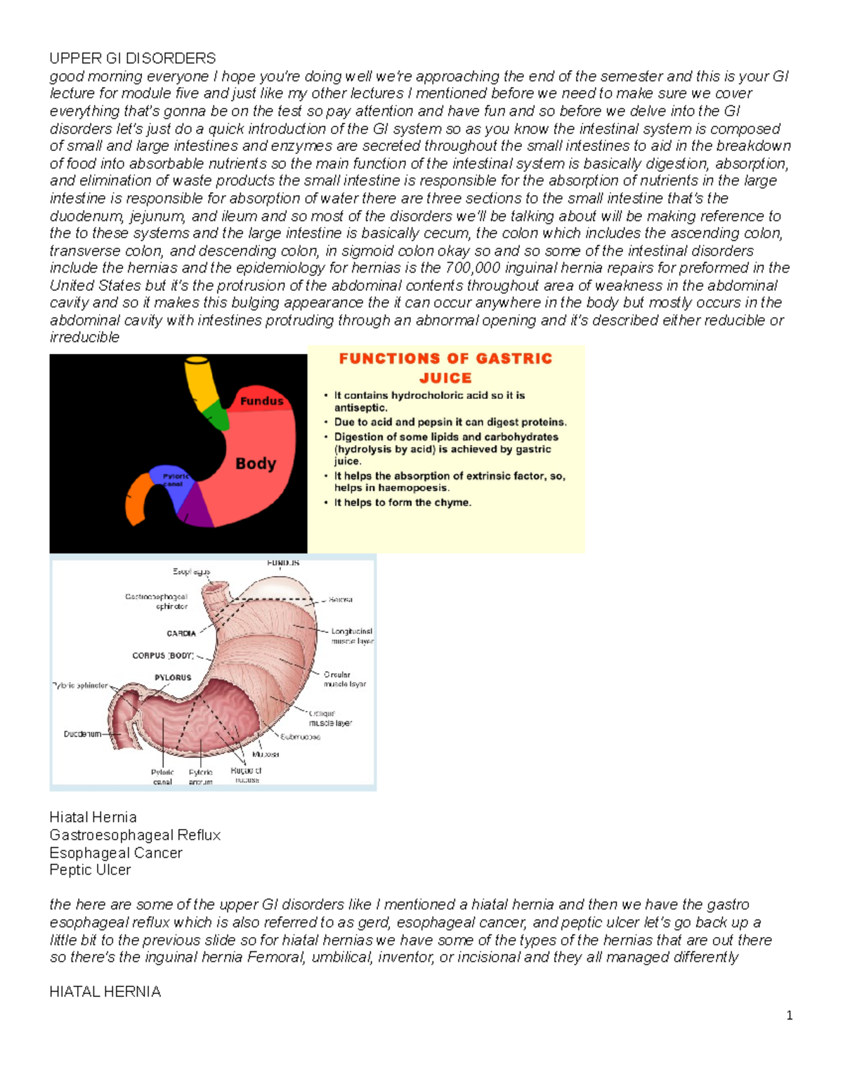 Upper GI Disorders Lecture Notes - UPPER GI DISORDERS good morning ...