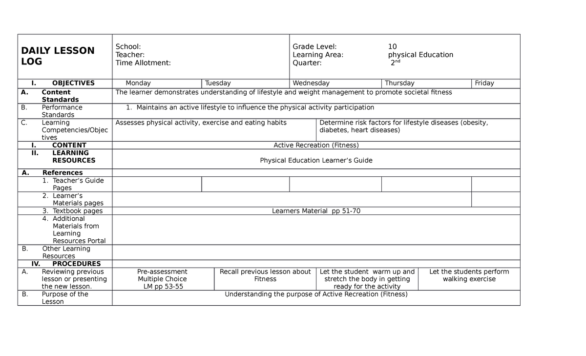 P.e-2Qa - MODULE - DAILY LESSON LOG School: Teacher: Time Allotment ...