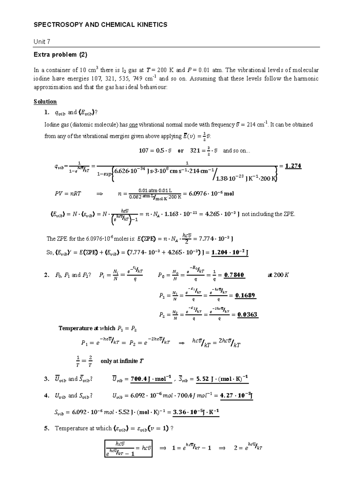 Sol extra probl 7-2 - SPECTROSOPY AND CHEMICAL KINETICS Unit 7 Extra ...