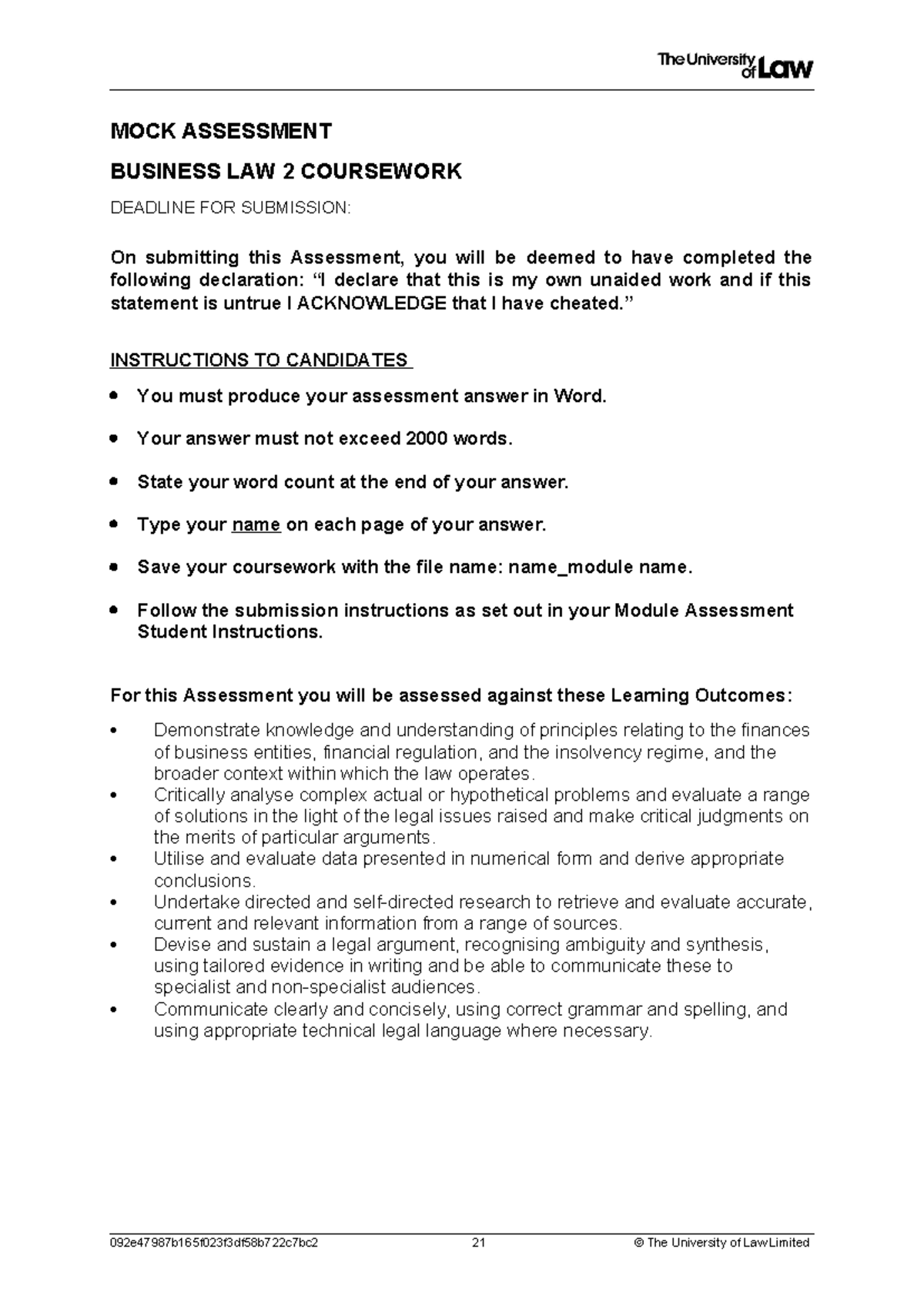 2223 bus2 ce02 mock assessment - MOCK ASSESSMENT BUSINESS LAW 2 ...