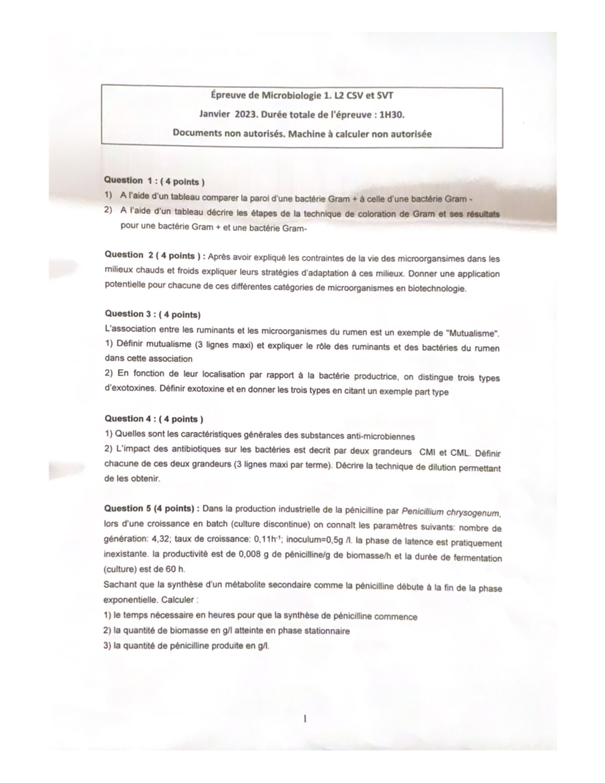 Épreuve de Microbiologie 1. L2 CSV et SVT 2023 - microbiologie 1 - Studocu