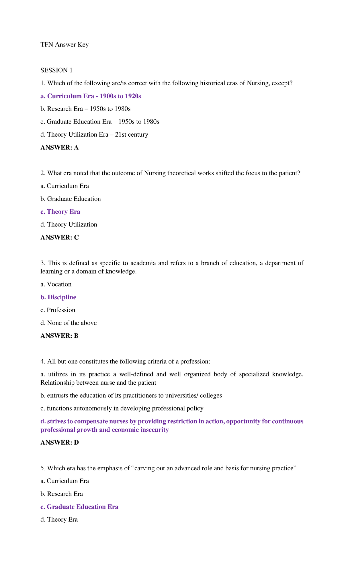 THEORETICAL FOUNDATIONS OF NURSING SESSIONS 1-23 PRACTICE TEST BANKS ...