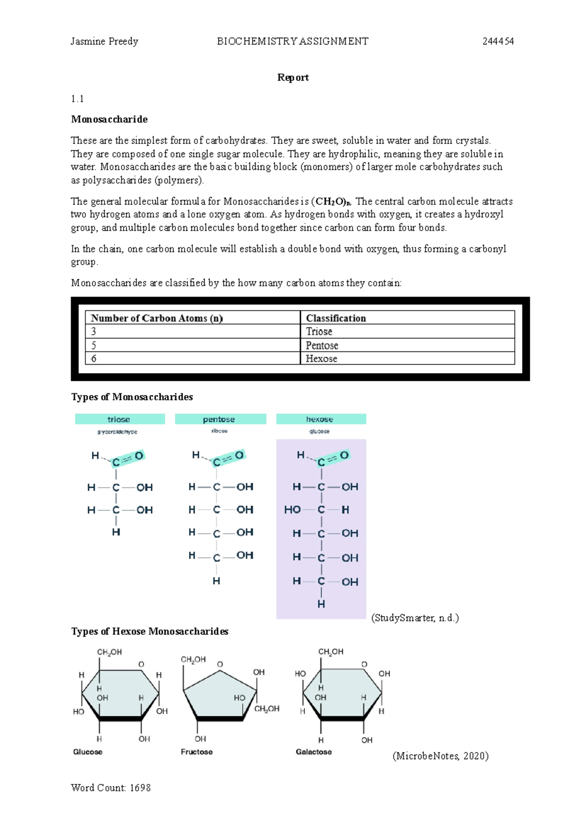 Biochemistry Report - Distinction - Report 1. Monosaccharide These are ...