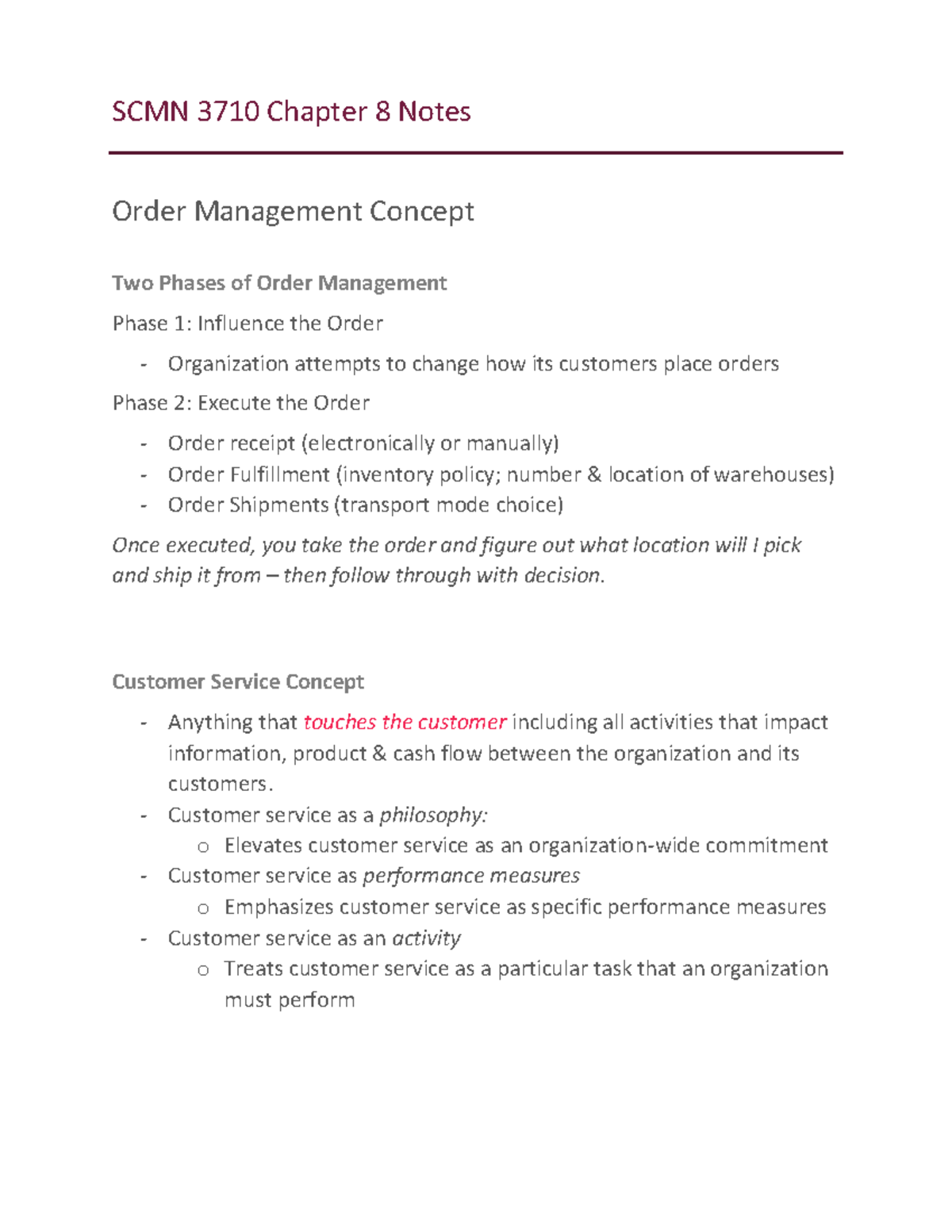 SCMN 3710 Chapter 8 Notes - SCMN 3710 Chapter 8 Notes Order Management ...