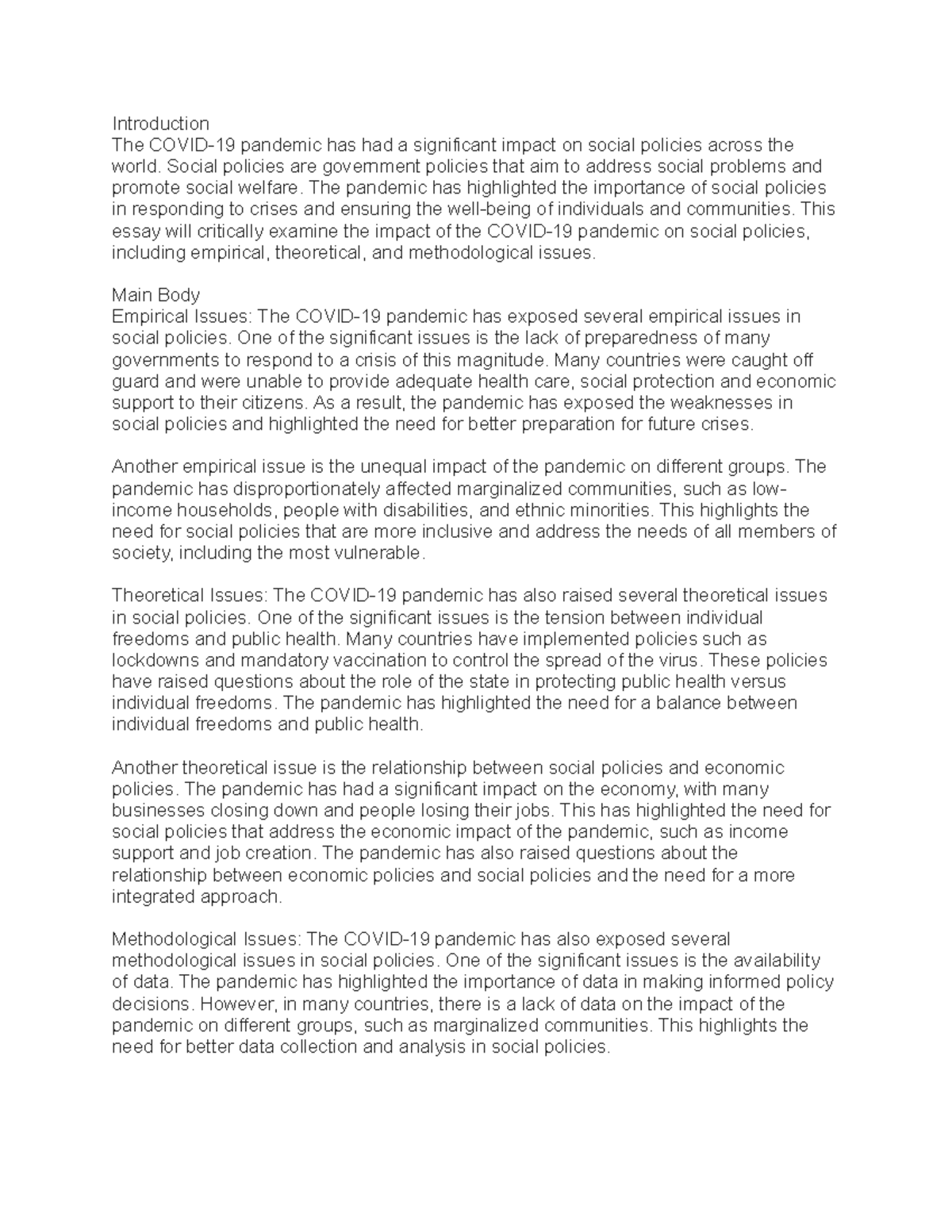 Essay - Introduction The COVID-19 pandemic has had a significant impact ...