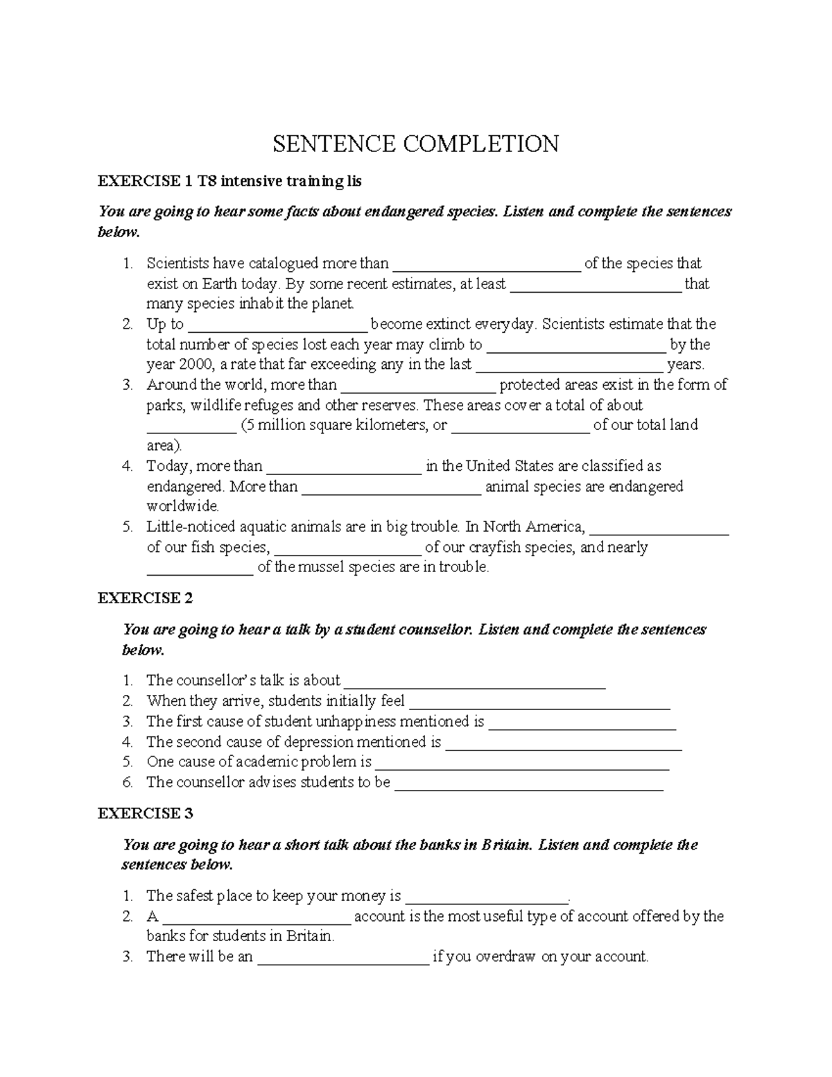 Listening PART 3 - SENTENCE COMPLETION EXERCISE 1 T8 intensive training ...