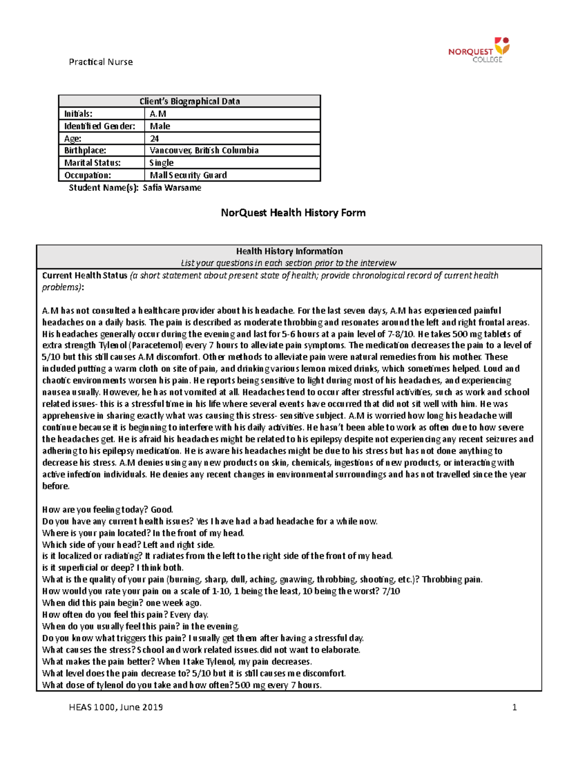 HEAS 1000 Health History Form - Client’s Biographical Data Initials: A ...