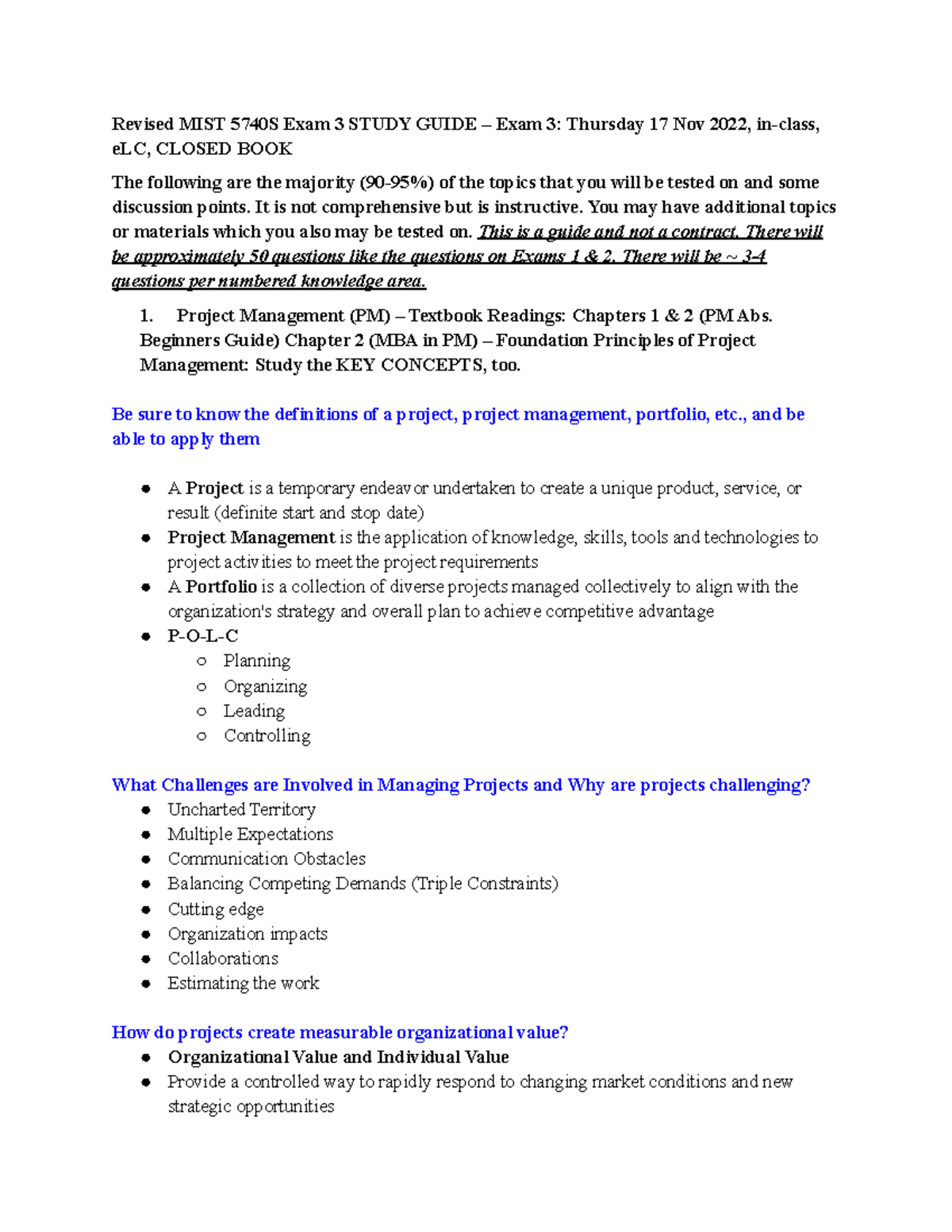 Exam 3 Project Management - Revised MIST 5740S Exam 3 STUDY GUIDE ...