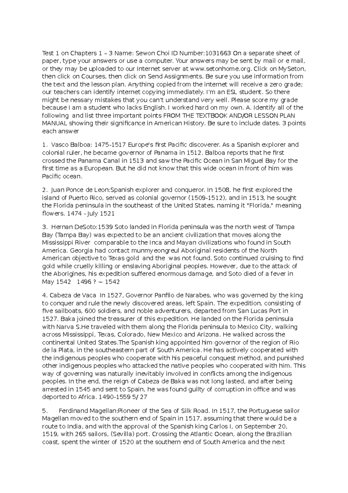 American History Test Test 1 On Chapters 1 3 Name Sewon Choi ID
