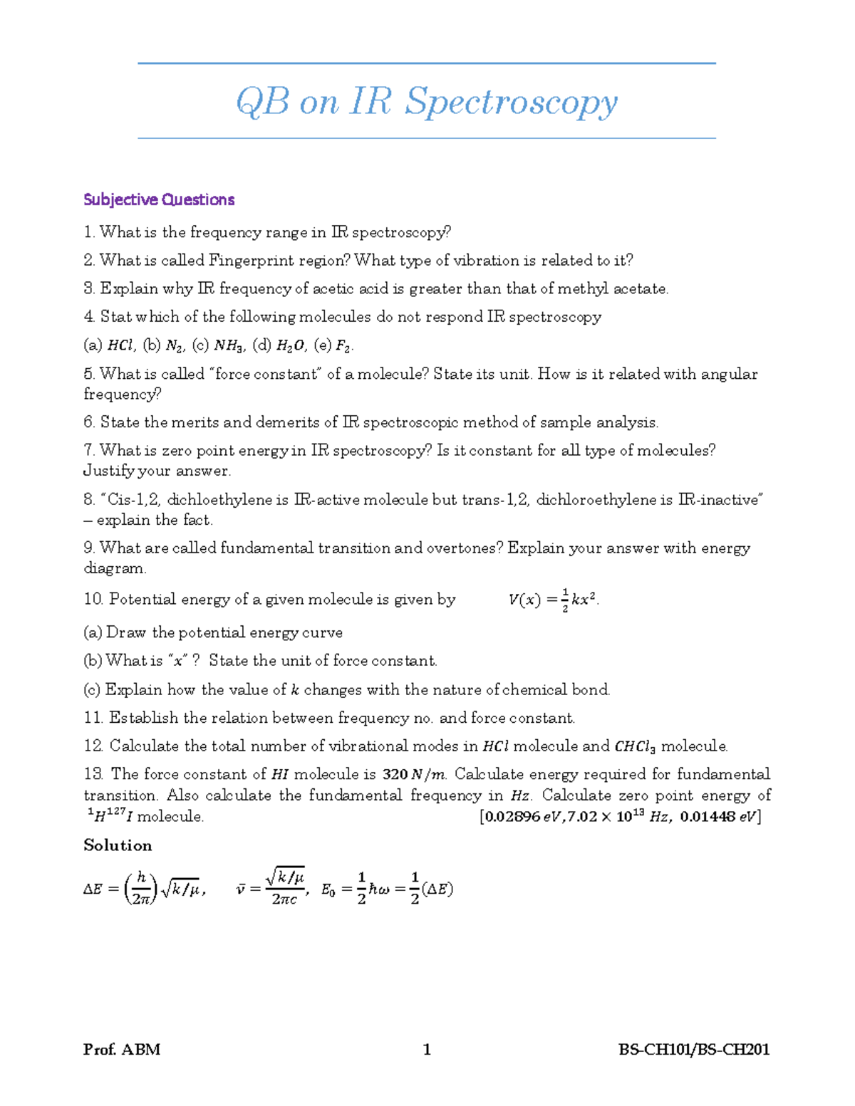 QB on IR spectroscopy-1 - QB on IR Spectroscopy Subjective Questions ...