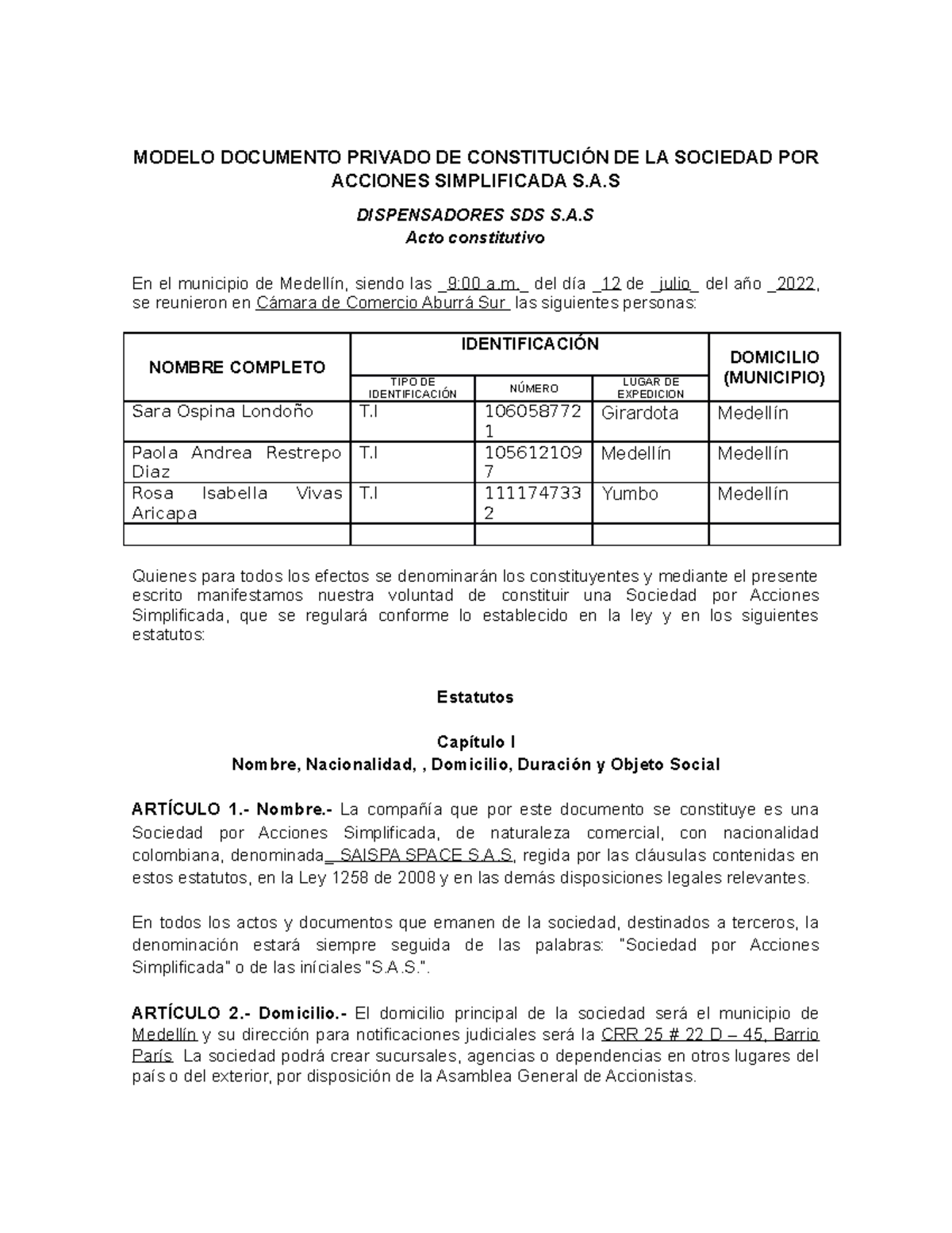 2. Formato documento privado 3 socios - MODELO DOCUMENTO PRIVADO DE CONSTITUCIÓN DE LA SOCIEDAD ...