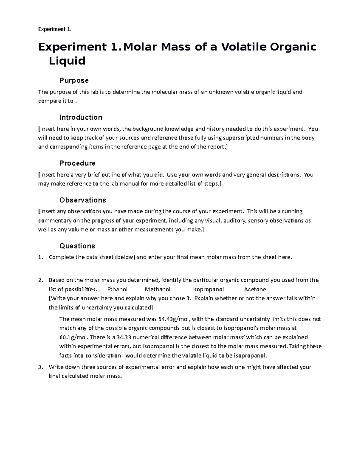 Lab 1 practice write up - Experiment 1. Experiment 1. Molar Mass of a ...