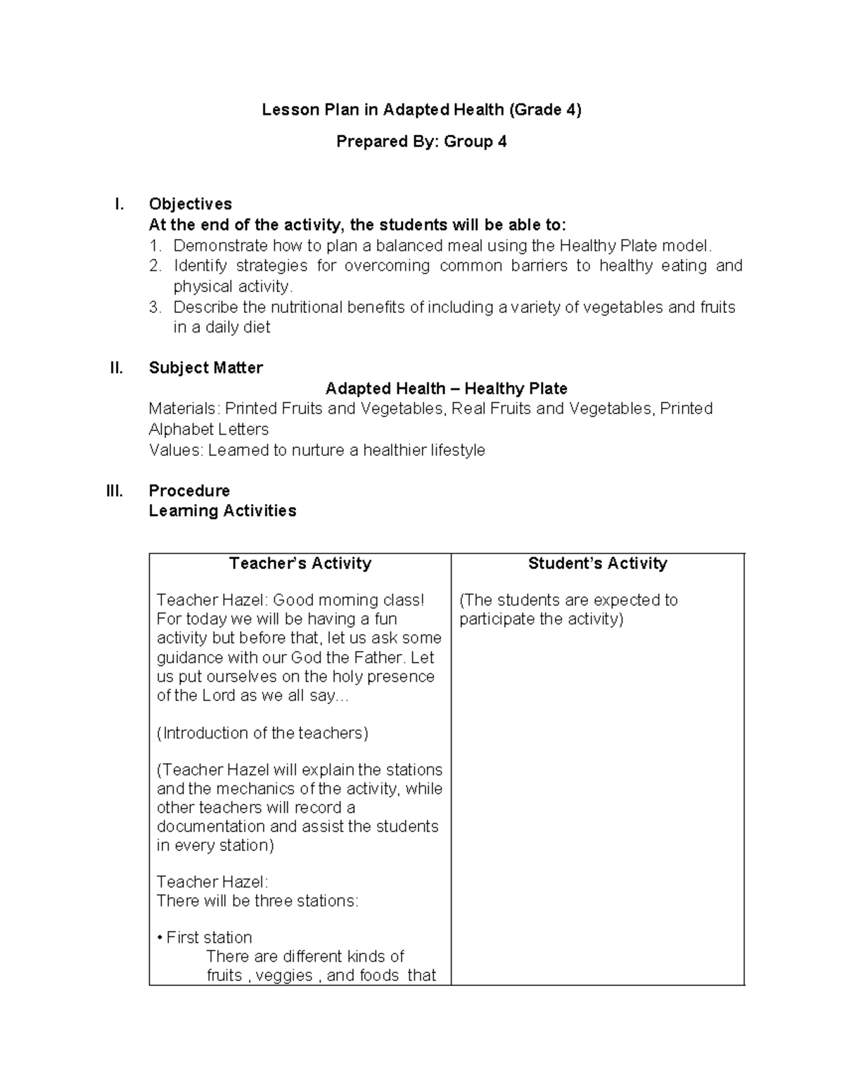 Lesson Plan in Adapted Health - Objectives At the end of the activity ...