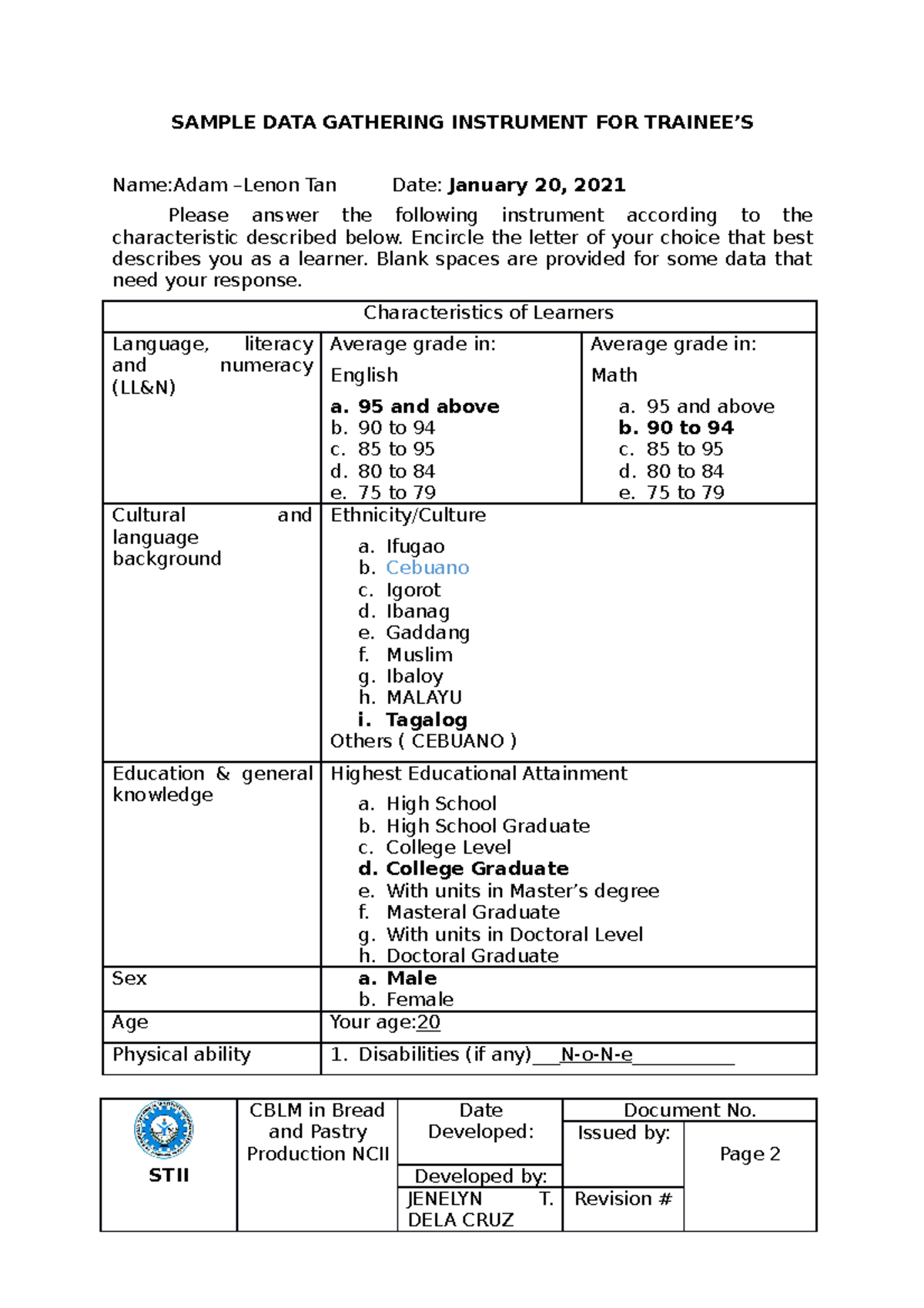 DATA Gathering, Session PLAN, CBLM Module 2 - SAMPLE DATA GATHERING ...
