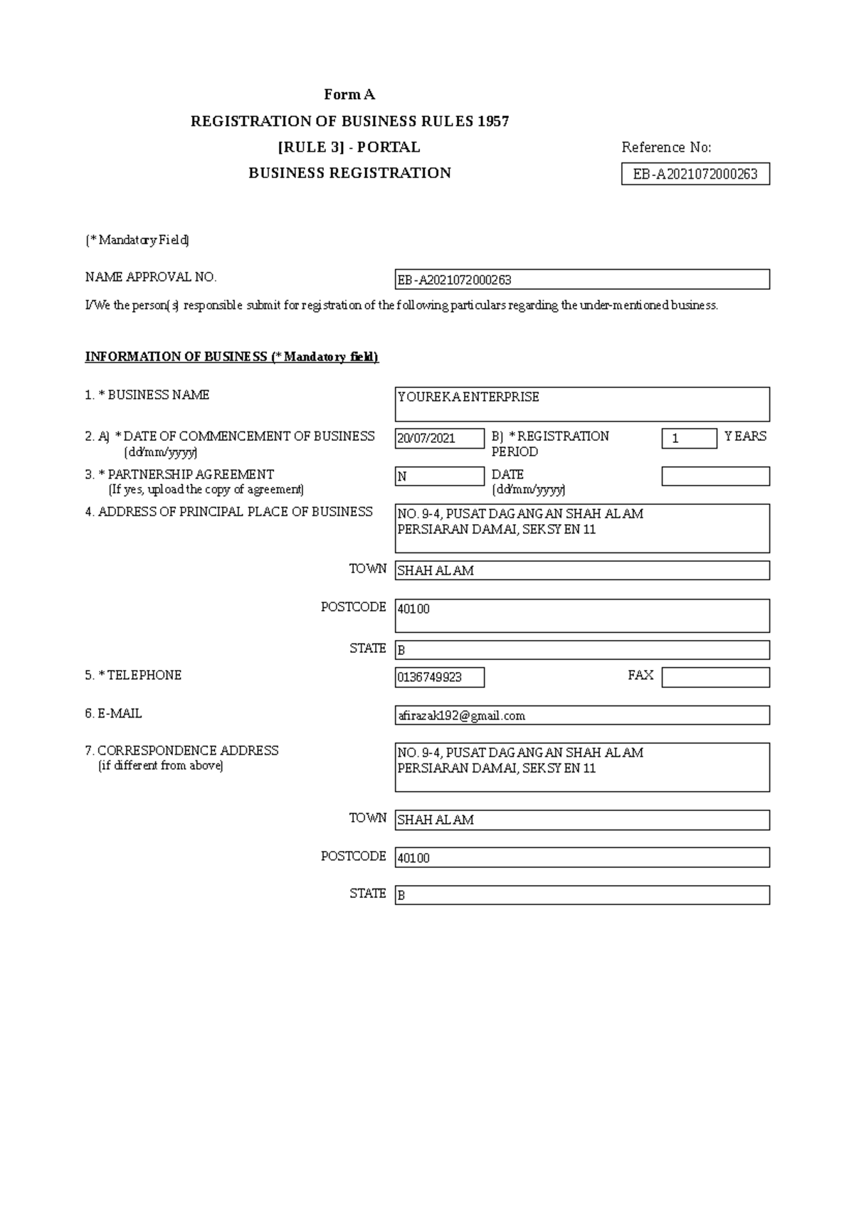 Borang A SSM Lecture Notes 12 Business REGISTRATION OF BUSINESS