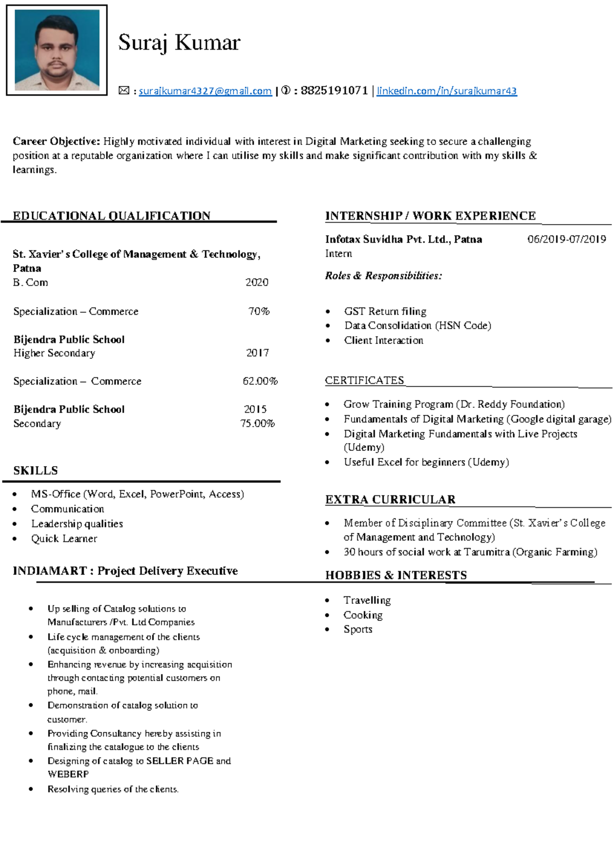 Resume Suraj Kumar - Gsgsg - Suraj Kumar ú : surajkumar4327@gmail | ù ...