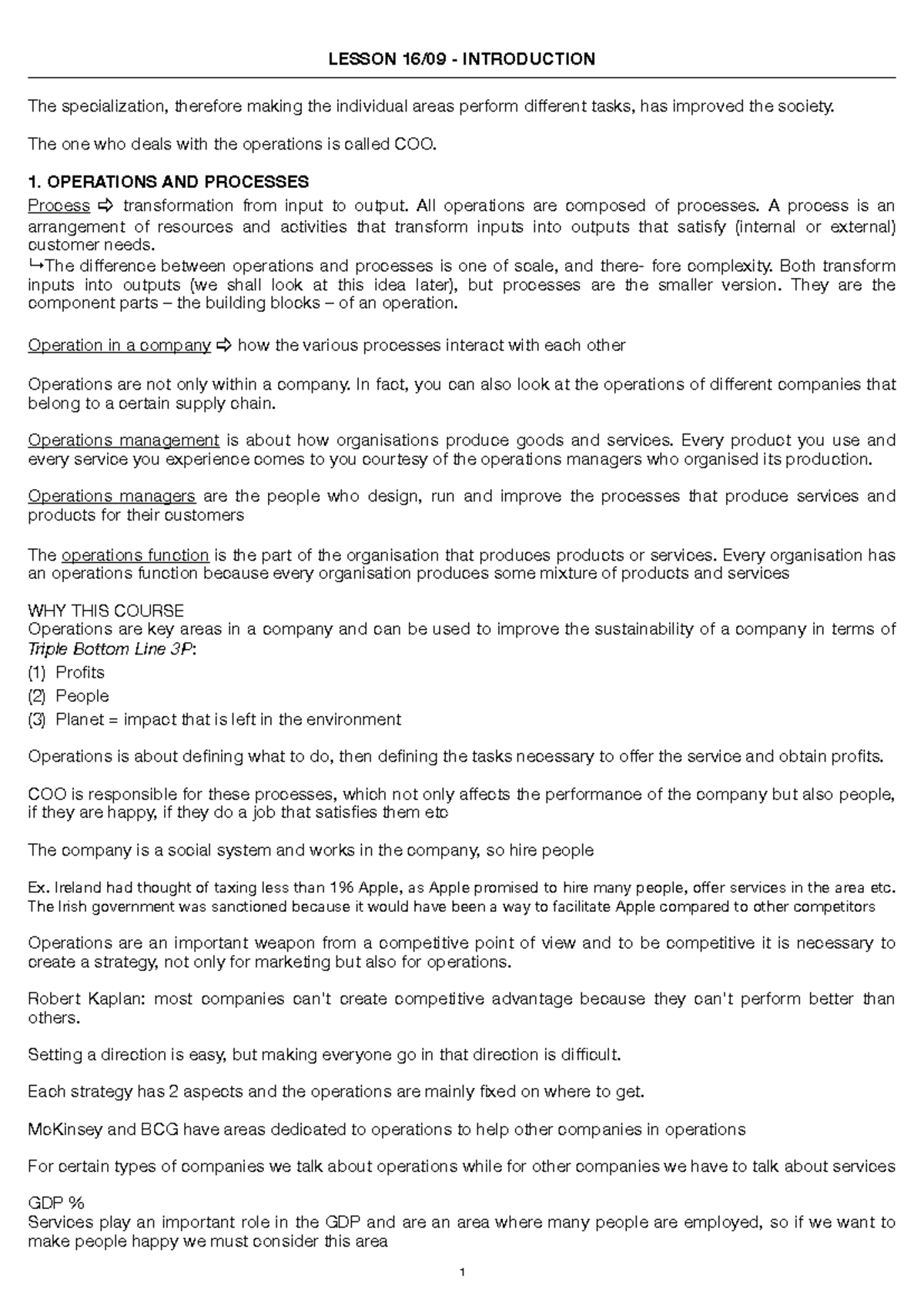 Lesson 1 Operations - LESSON 16/09 - INTRODUCTION The specialization, therefore making the - Studocu