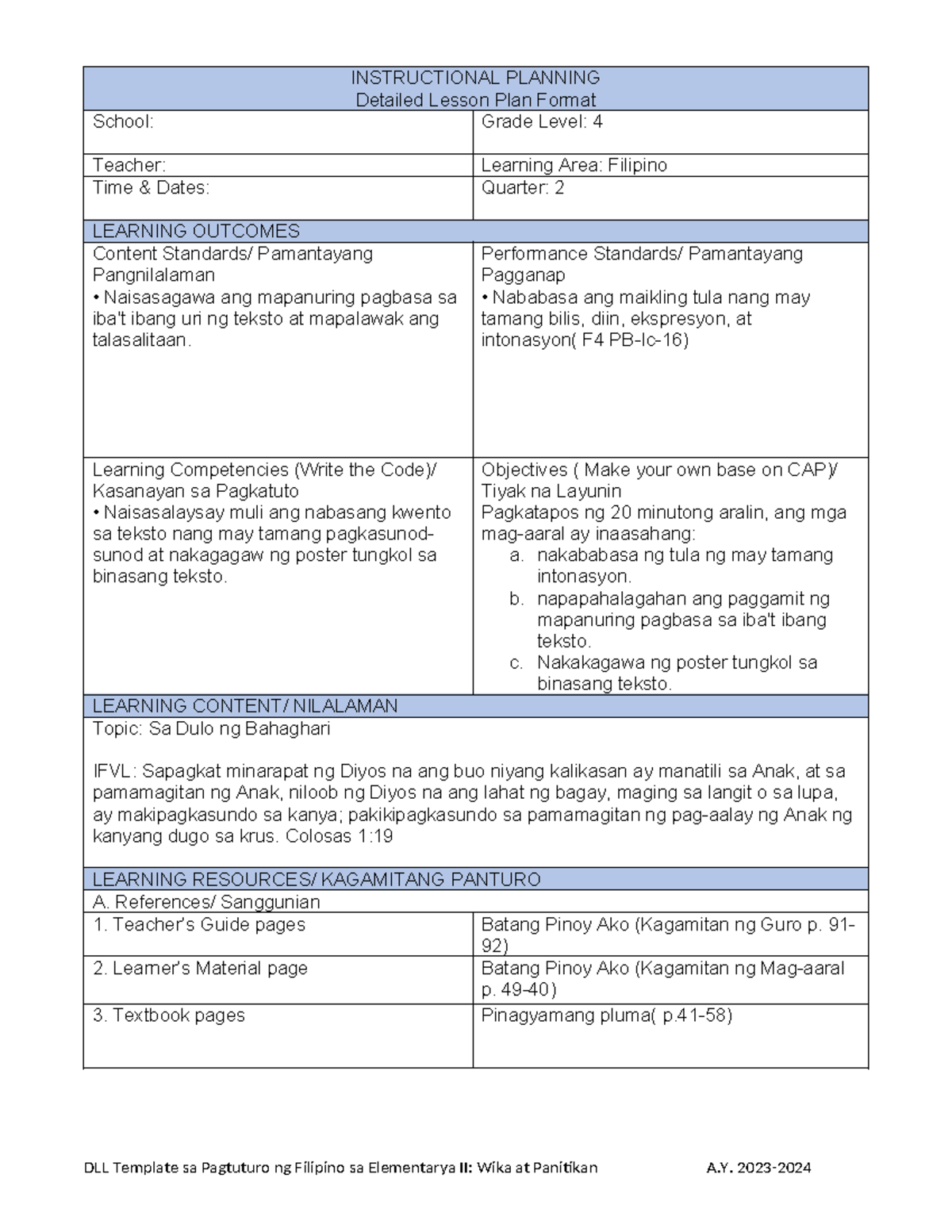 DLP Filipino 4 - INSTRUCTIONAL PLANNING Detailed Lesson Plan Format ...
