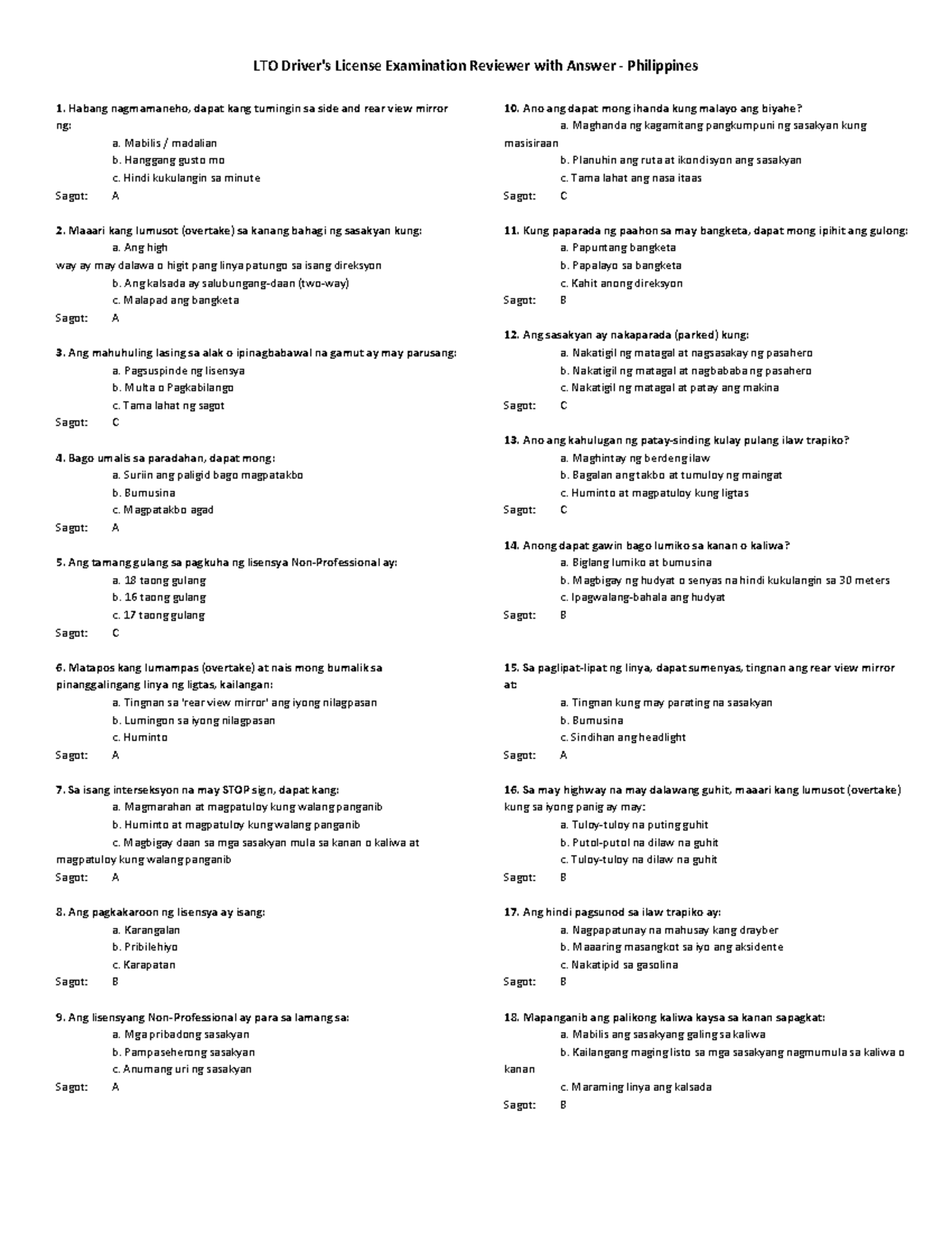 LTO Drivers License Exam Reviewer with Answer - Habang nagmamaneho ...