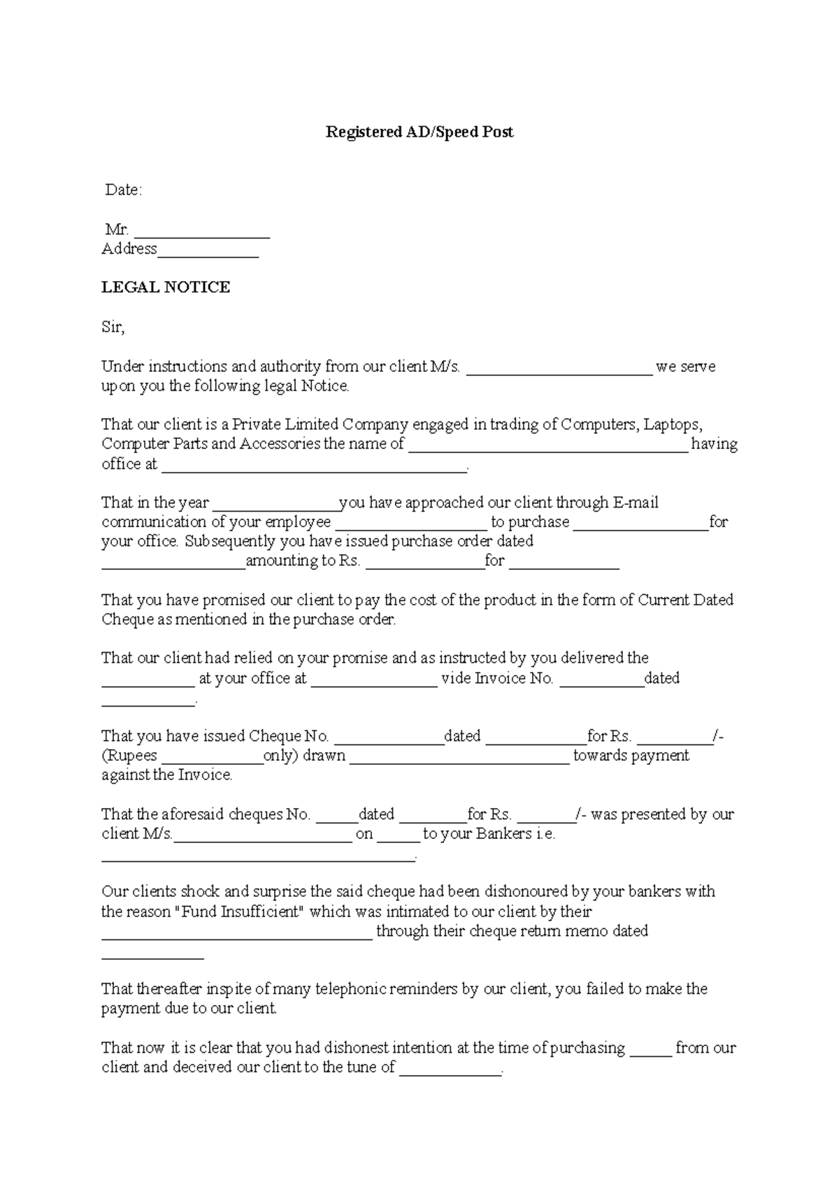 138 notice for cheque bounce - Registered AD/Speed Post Date: Mr ...
