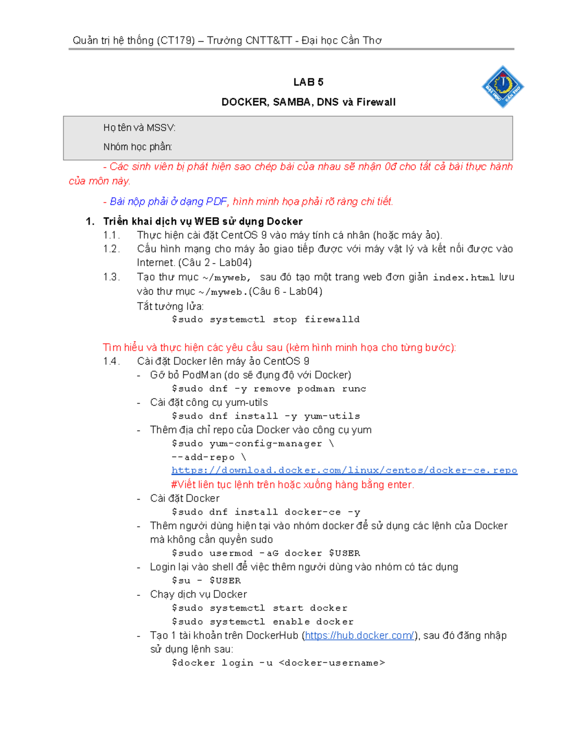 Nguyen Ngoc Dai B2306612 CT179 QTHT Lab5 2024 2025 - LAB 5 DOCKER, SAMBA, DNS và Firewall Họ tên ...